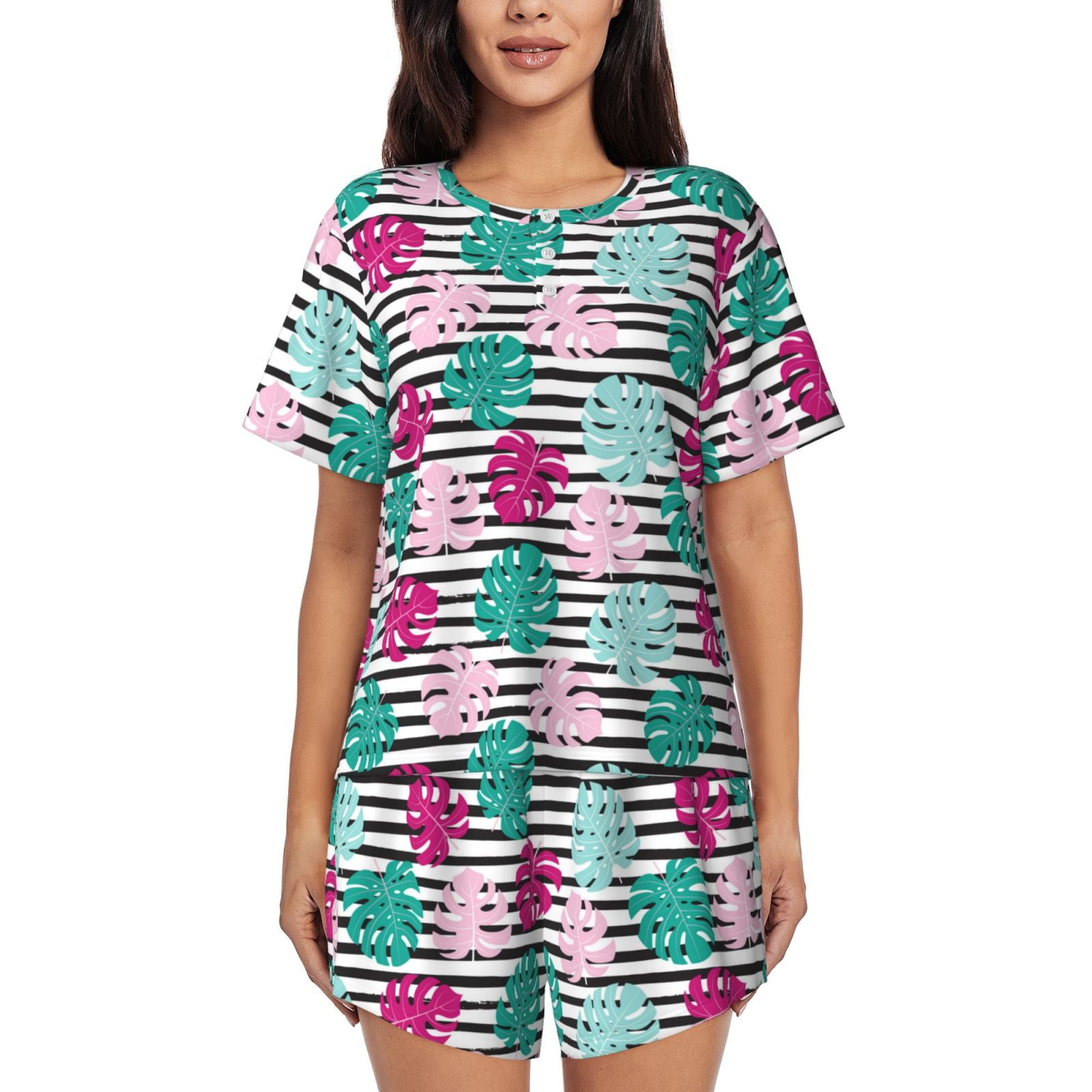 Haiem Tropical Leaves Pattern Pajama Set for Women 2 Piece Lounge Set ...