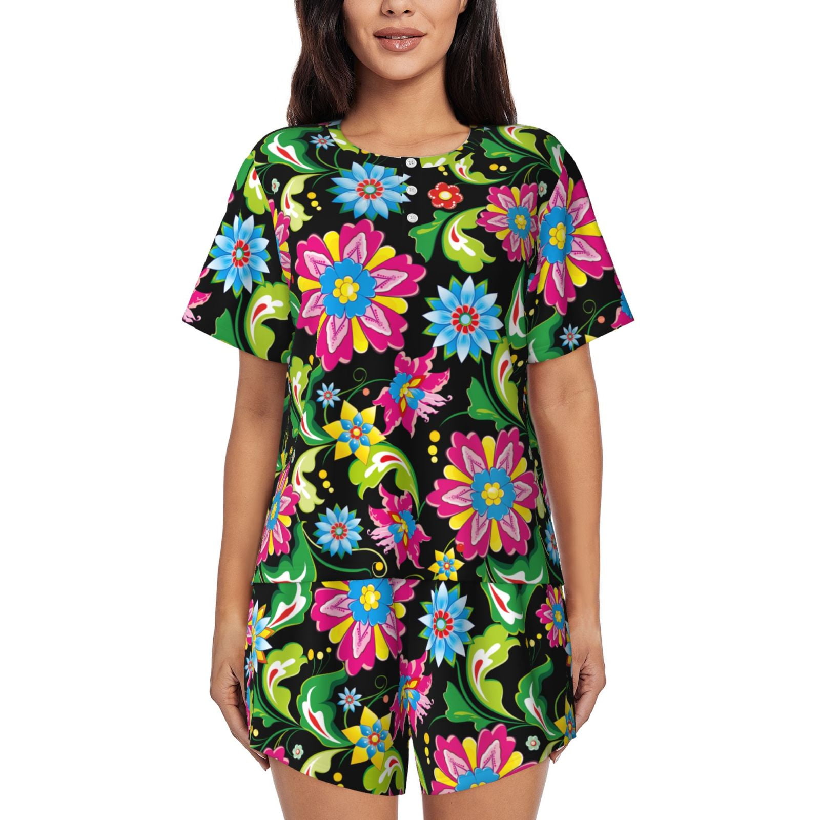 Haiem Vector Mexican Otomi Style Bright Pattern Pajama Set for Women 2 Piece Lounge Set Short ...