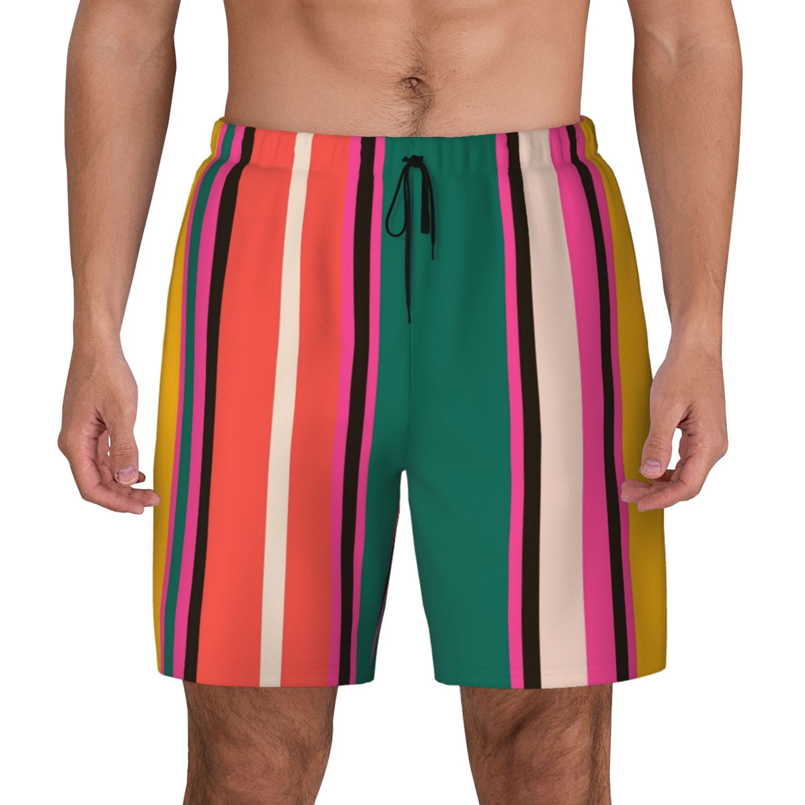 Haiem Vertical Stripes Mens Swim Trunks With Compression Liner 2 In 1