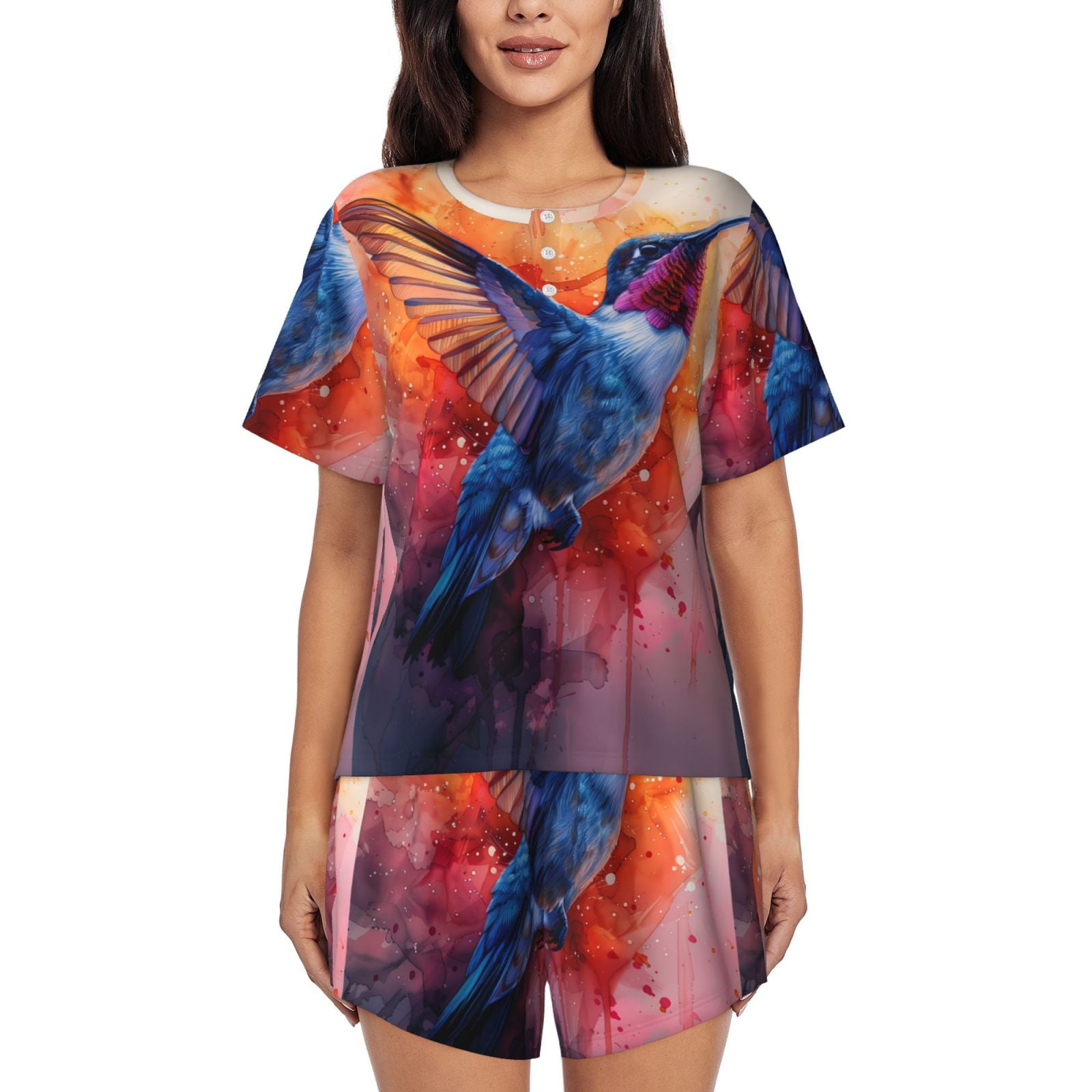 Haiem Vibrant Hummingbird Watercolor Art Pattern Pajama Set for Women 2 ...