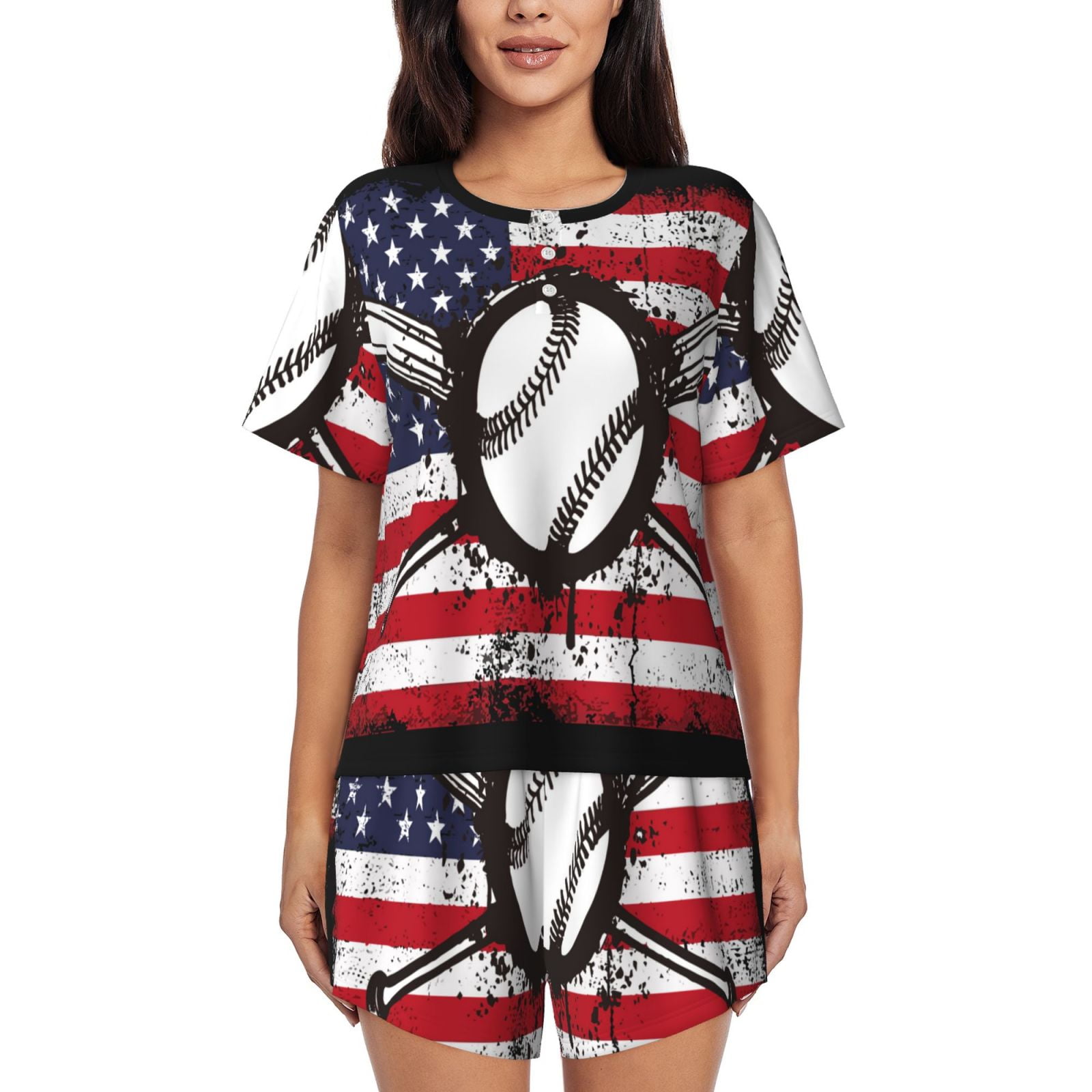 Haiem Vintage Baseball American Flag Pattern Pajama Set for Women 2 ...