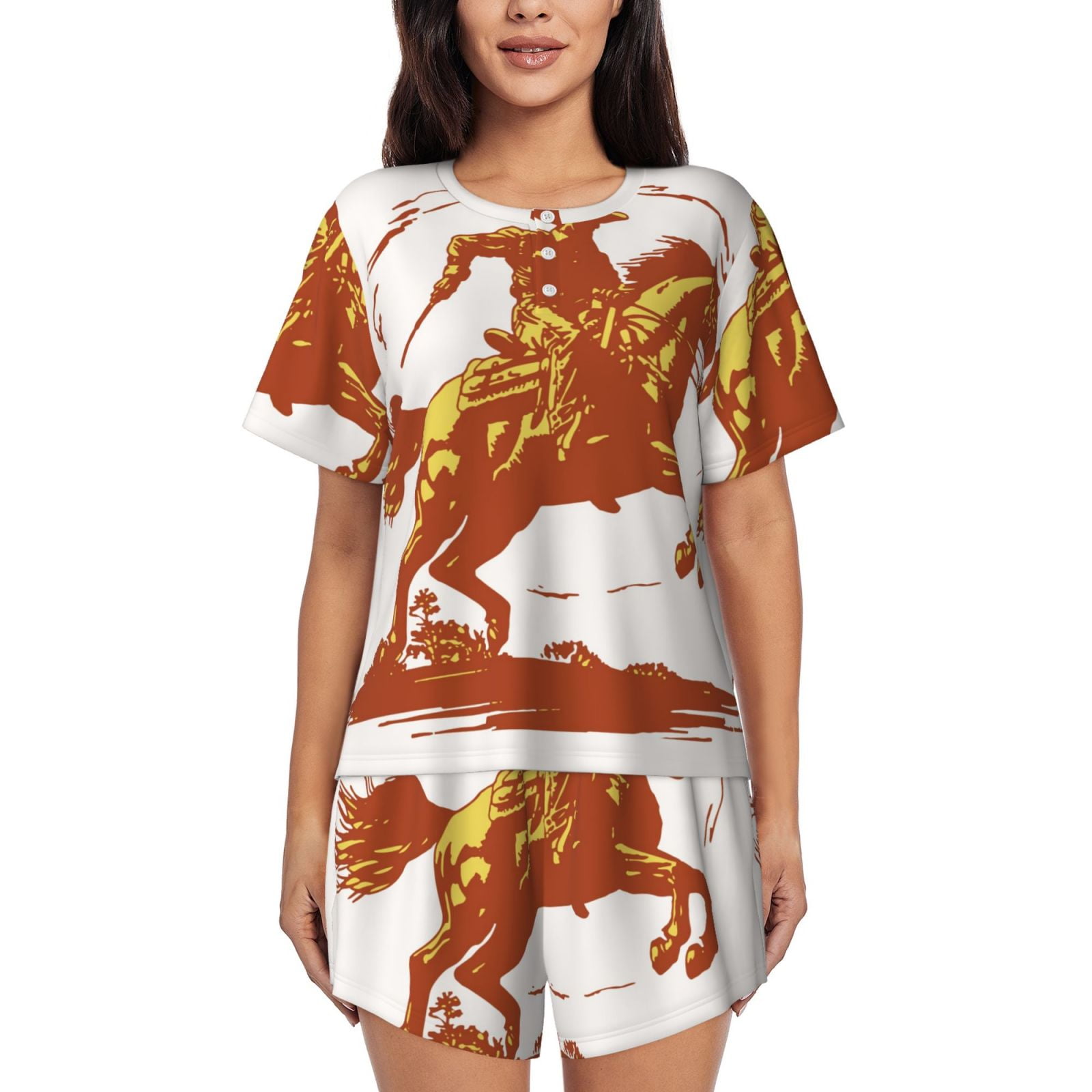 Haiem Vintage Cowboy On A Bronco Horse Pattern Pajama Set for Women 2 ...