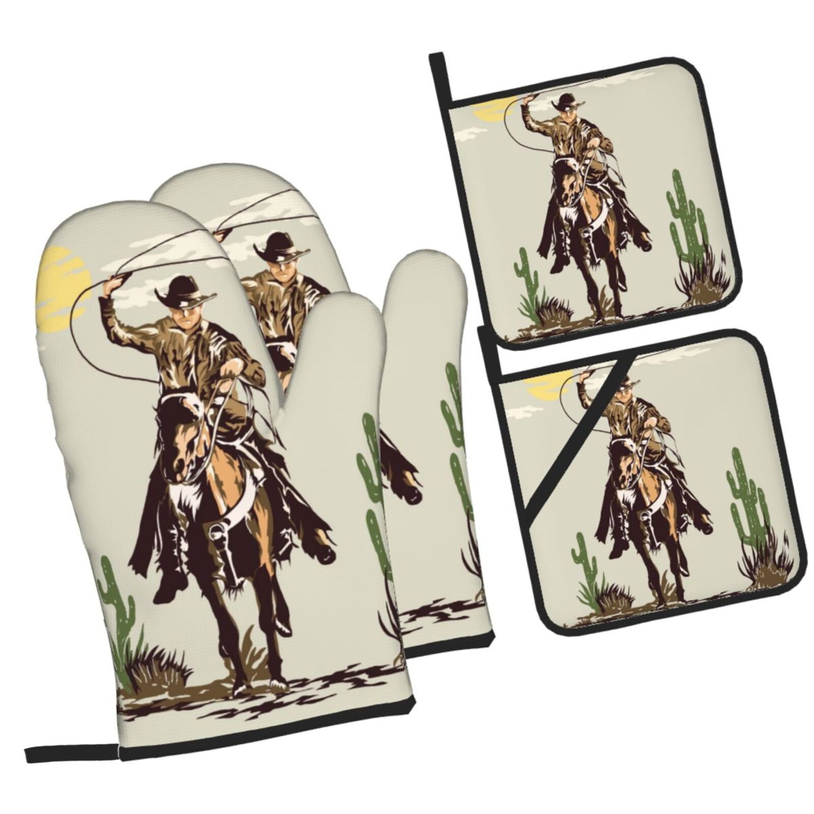Haiem Vintage Cowboy Riding Horse Print Extra Long Oven Mitts and Pot ...