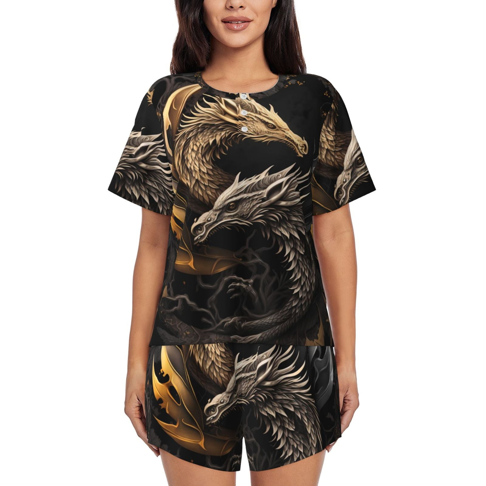 Haiem Vintage Metal Dragon Pattern Pajama Set for Women 2 Piece Lounge ...
