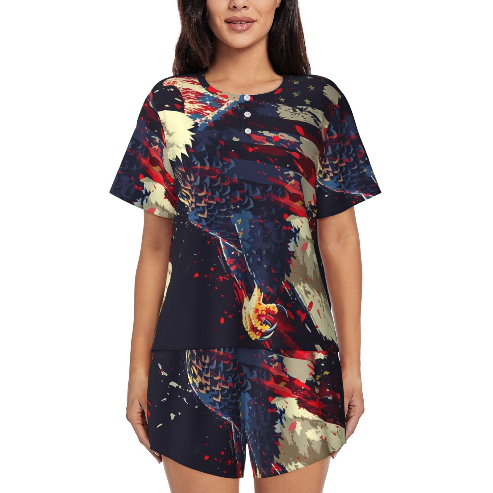 Haiem Watercolor Bald Eagle Pattern Pajama Set for Women 2 Piece Lounge Set Short Sleeve Tops ...