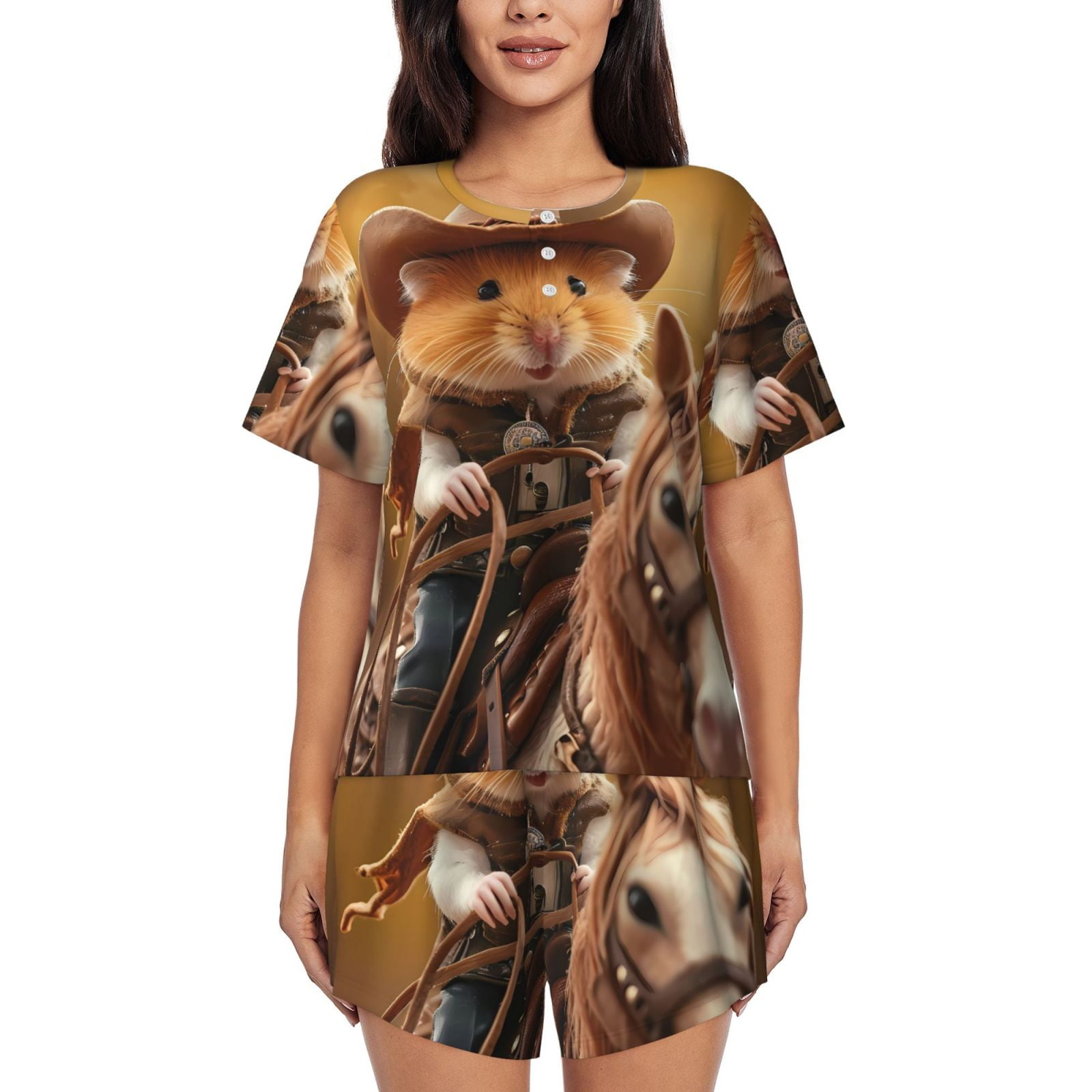 Haiem Western Cowboy Guinea Pig Pattern Pajama Set for Women 2 Piece ...