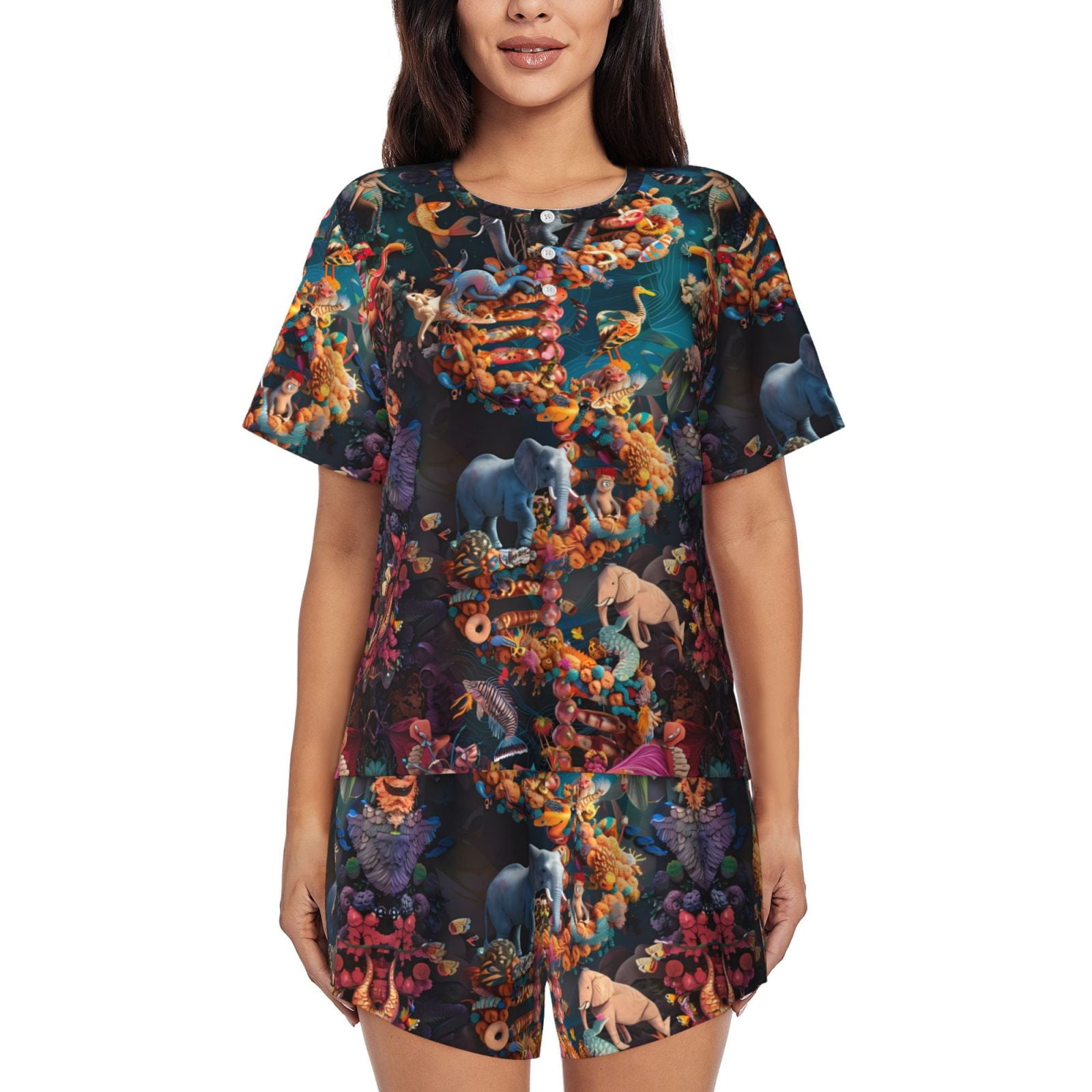 Haiem Whimsical Animal Spiral Pattern Pajama Set for Women 2 Piece Lounge Set Short Sleeve Tops ...