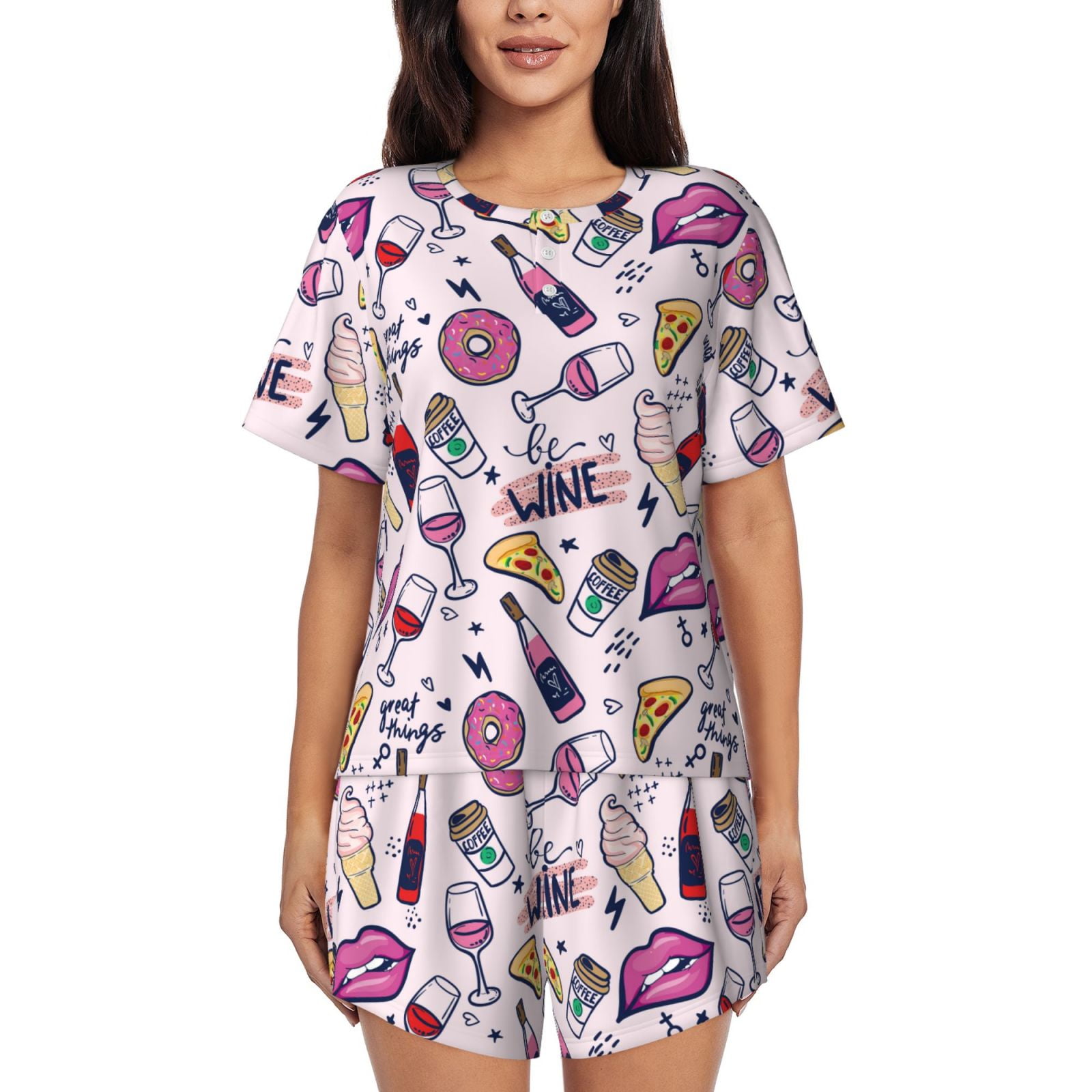 Haiem Wine Pattern Pajama Set for Women 2 Piece Lounge Set Short Sleeve ...