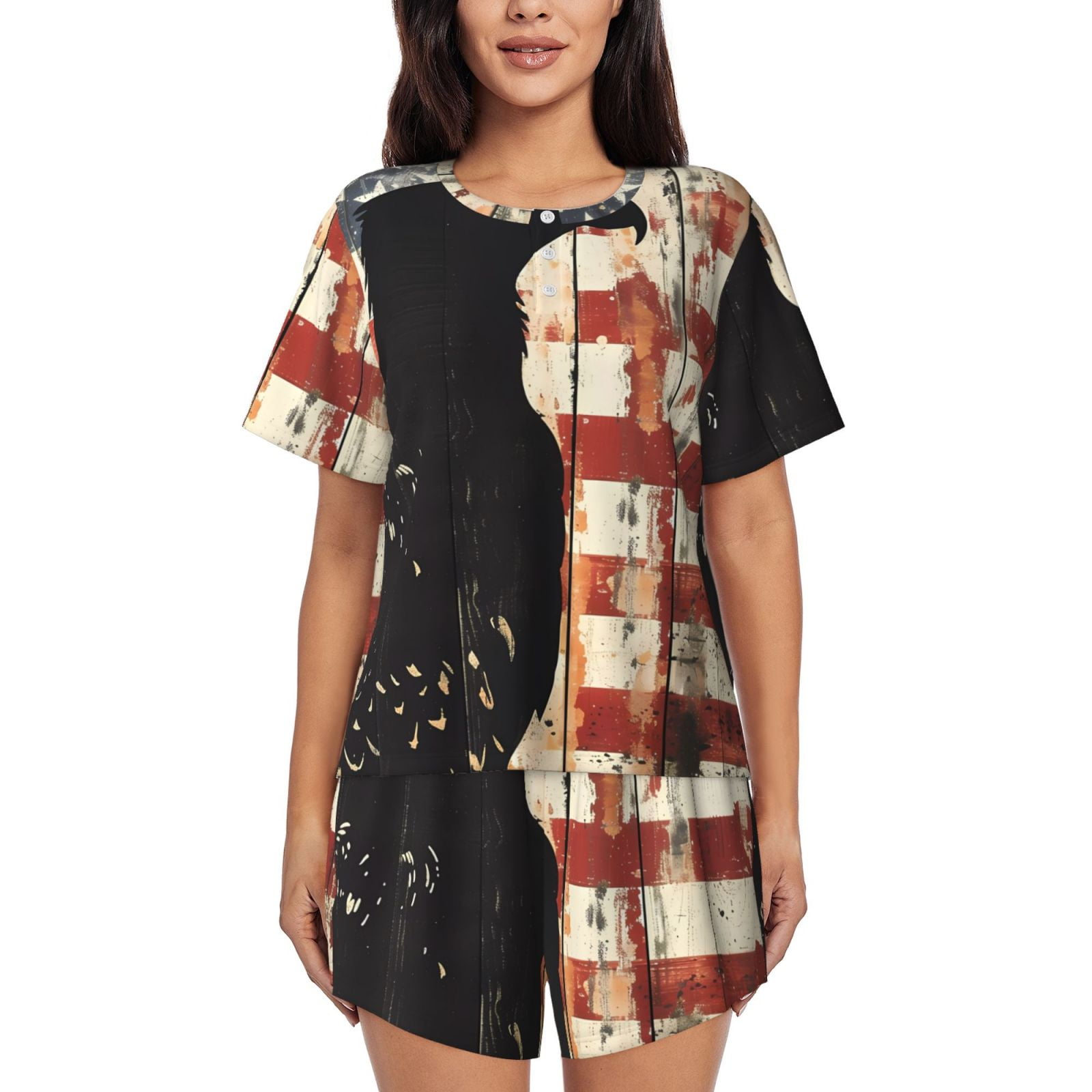 Haiem Wood Grain Bald Eagle Pattern Pajama Set for Women 2 Piece Lounge Set Short Sleeve Tops ...