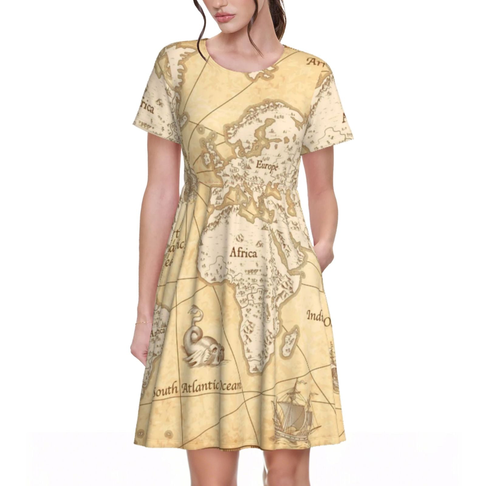 Haiem World Map Pattern Women's Short-Sleeve Scoop Neck Swing Dress ...