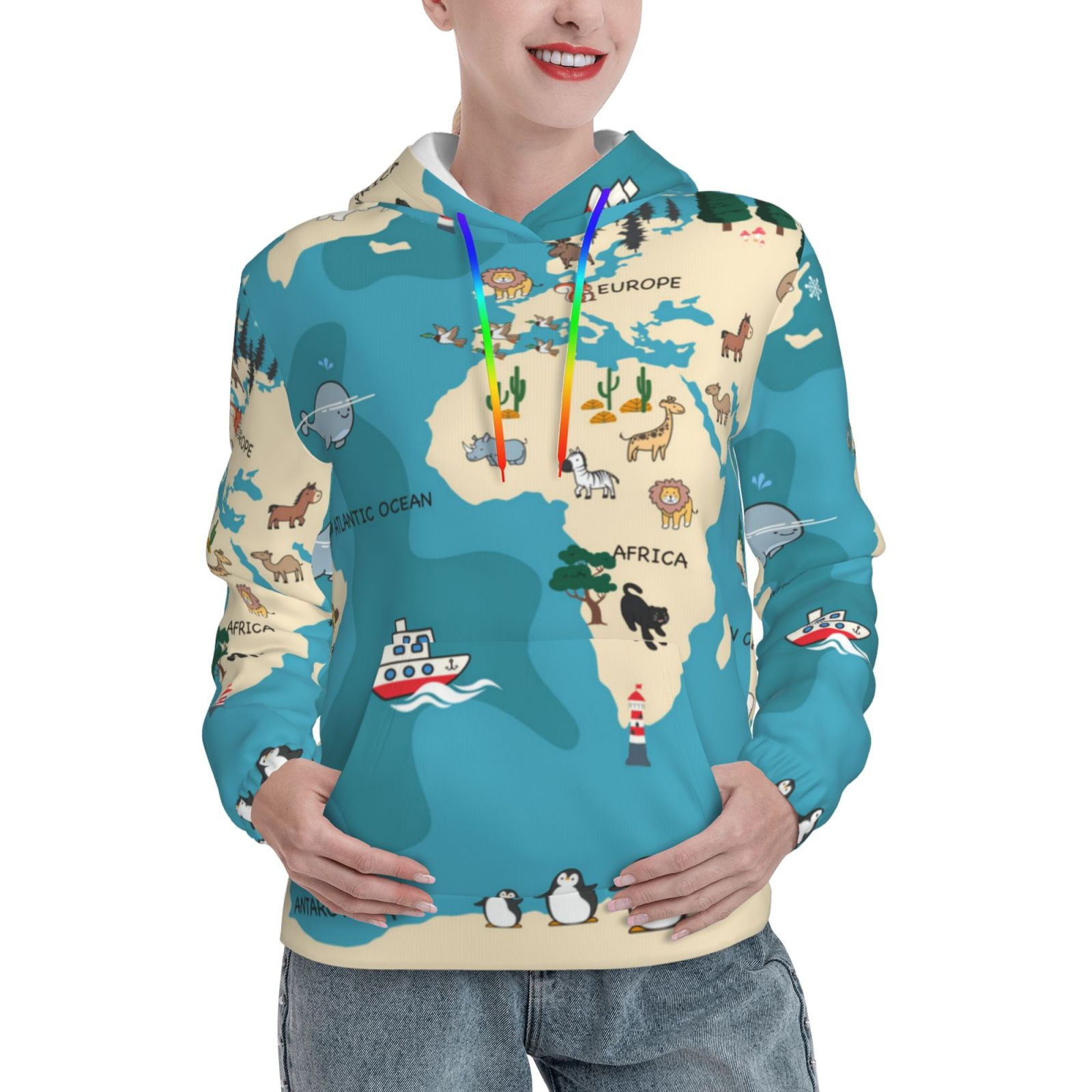 Haiem World Map With Animal for Women's Fashion Hoodies & Sweatshirts ...