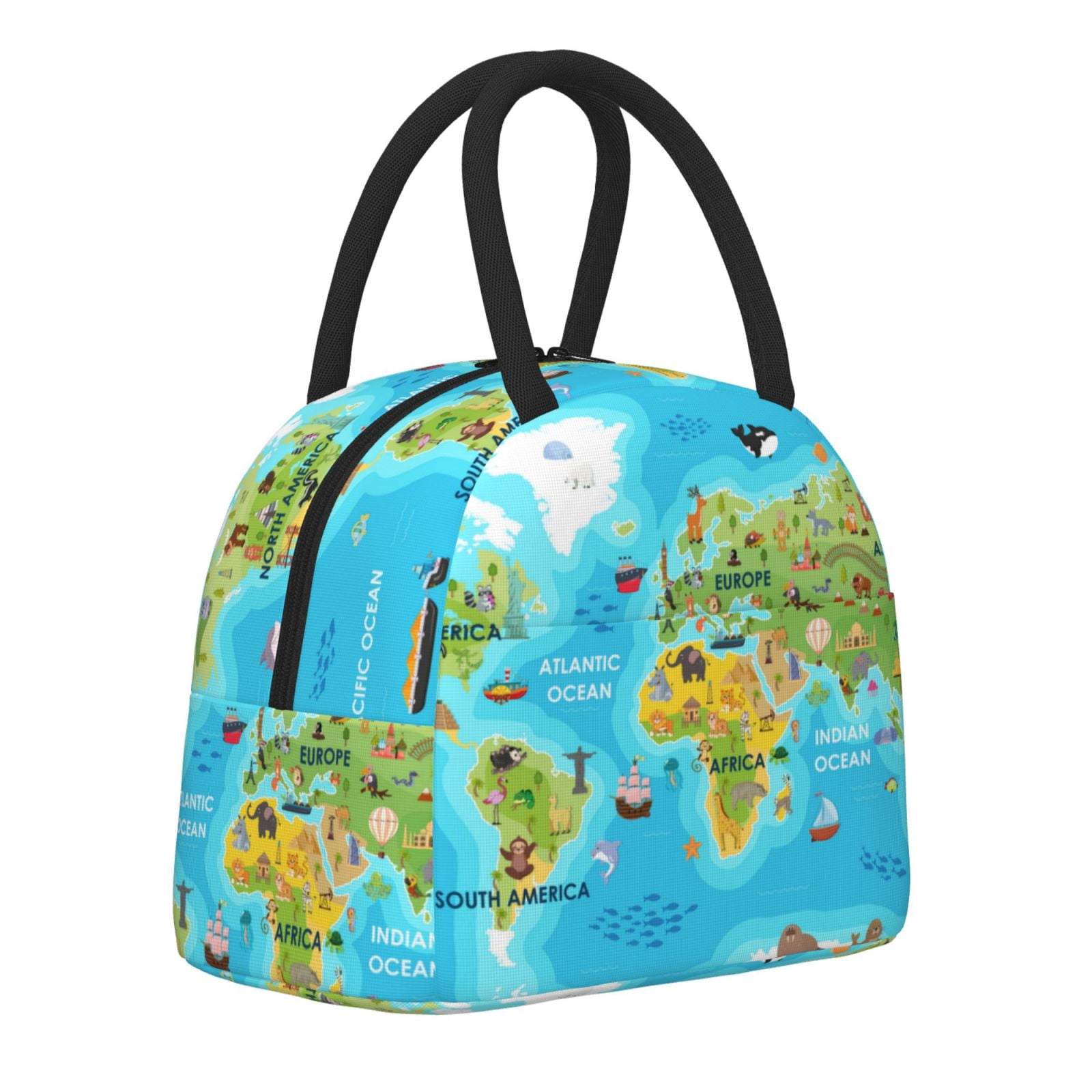 Haiem World Map With Animals Landmarks Printed Lunch Bag Women, Lunch ...