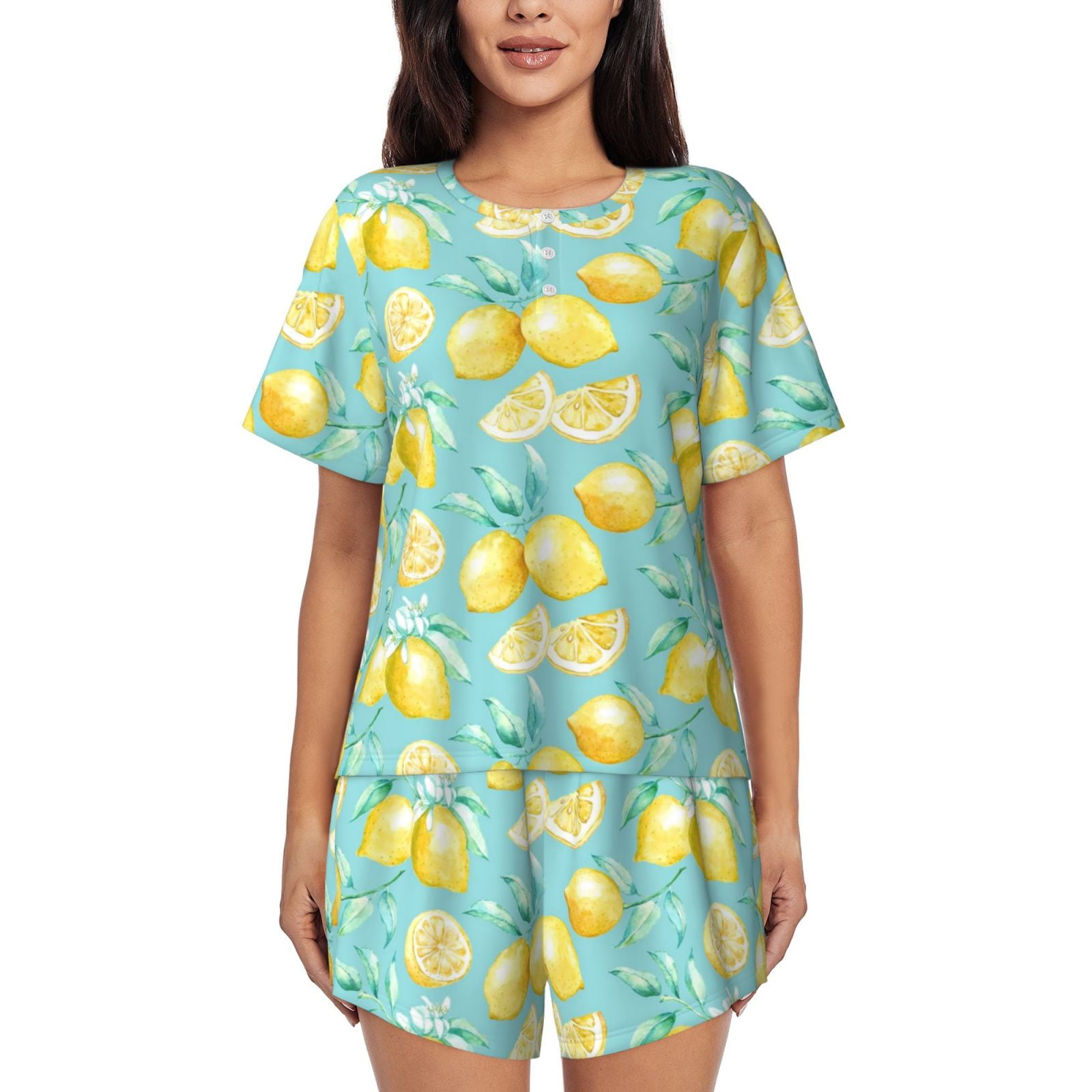 Haiem Yellow Lemon Pattern Pajama Set for Women 2 Piece Lounge Set ...