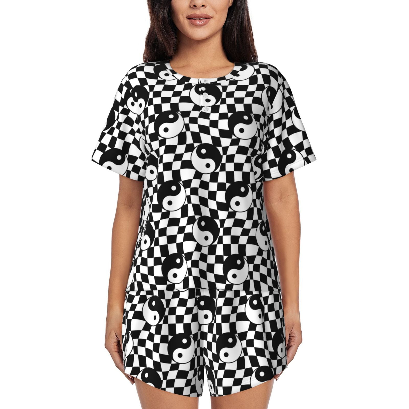 Haiem Ying Yang Checkered Pattern Pajama Set for Women 2 Piece Lounge ...