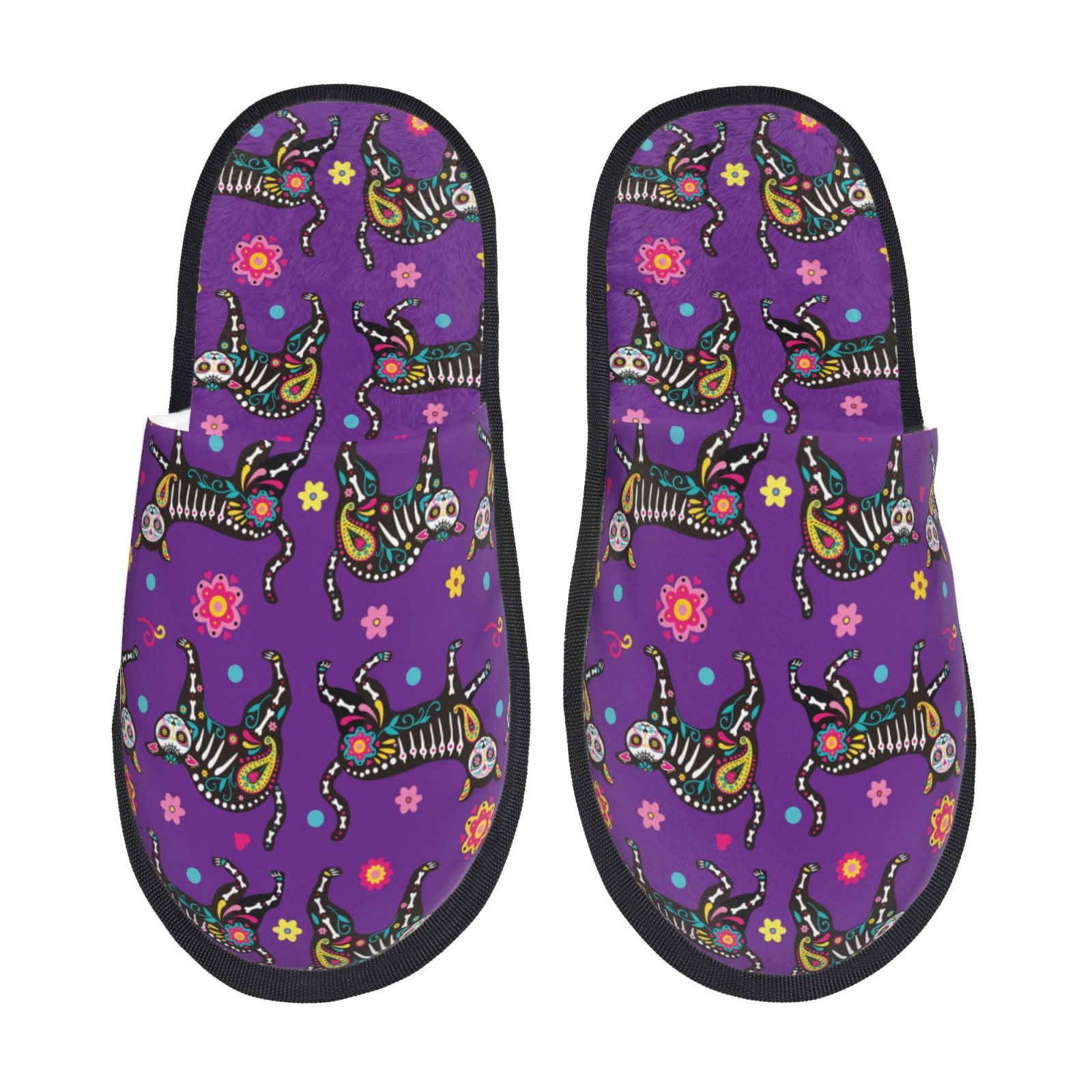 Haiem cat skeletons and flowers Print Fuzzy Slippers for Women Plush ...