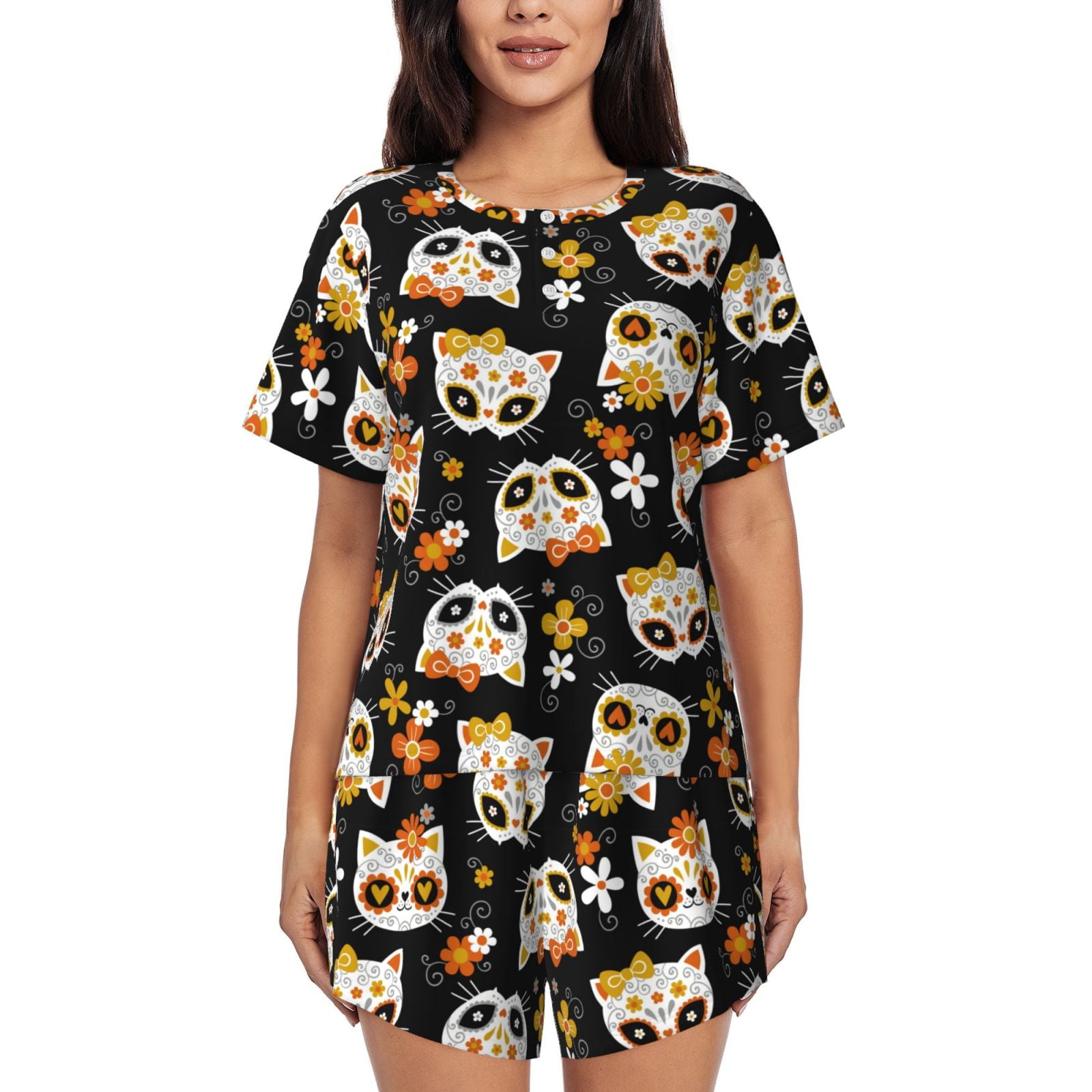 Haiem cat sugar skulls Pattern Pajama Set for Women 2 Piece Lounge Set ...