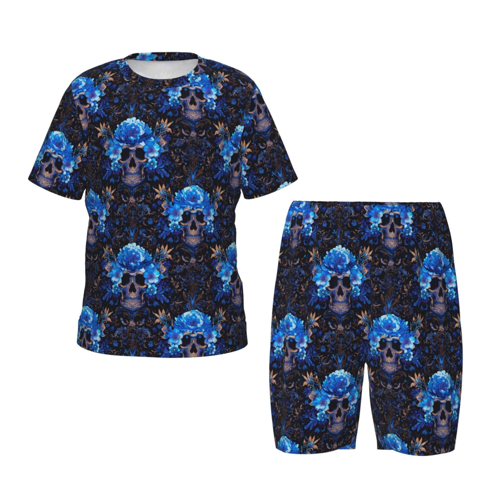 Haiem cool blue flower Skull Pattern Kids’ Breathable Pajama Set – Short-Sleeved Cotton PJs ...