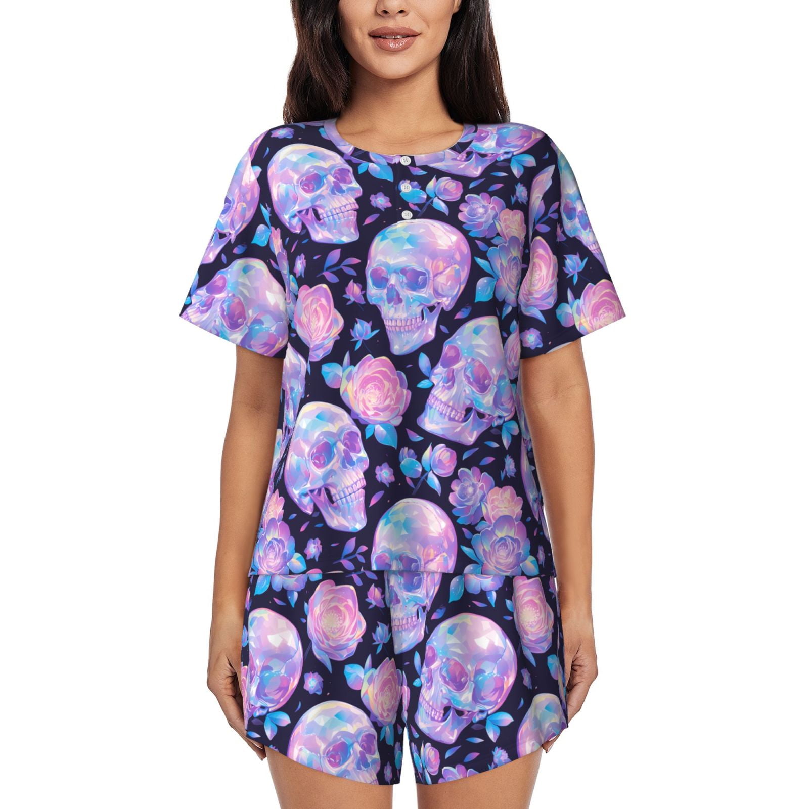 Haiem crystal Skull flower Pattern Pajama Set for Women 2 Piece Lounge ...