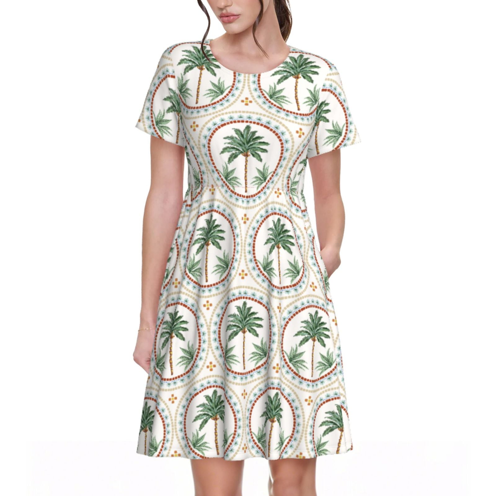 Haiem palm trees Pattern Women's Short-Sleeve Scoop Neck Swing Dress ...