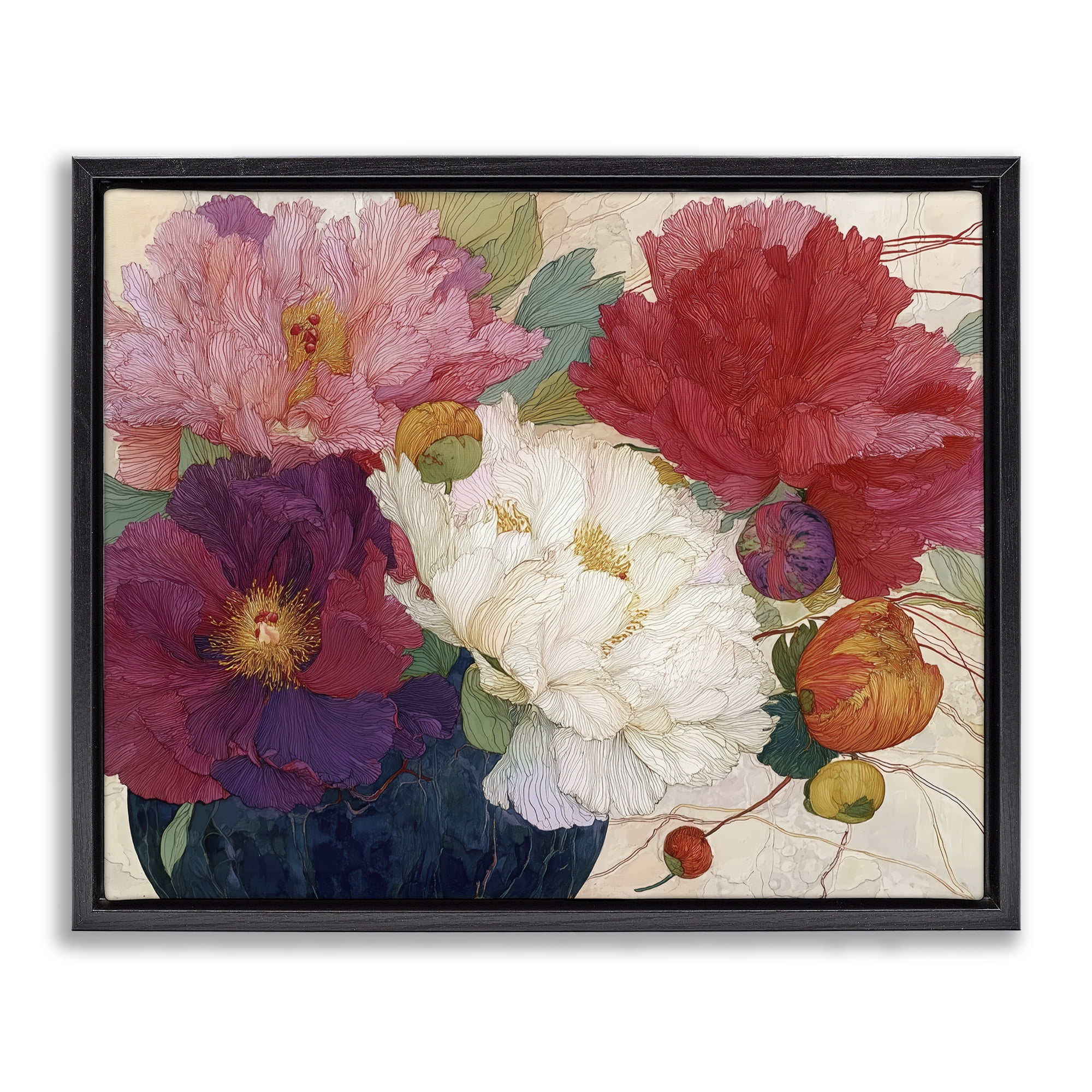 Haiku Ornate Flower Petals Black Framed Floater Canvas Wall Art, design ...