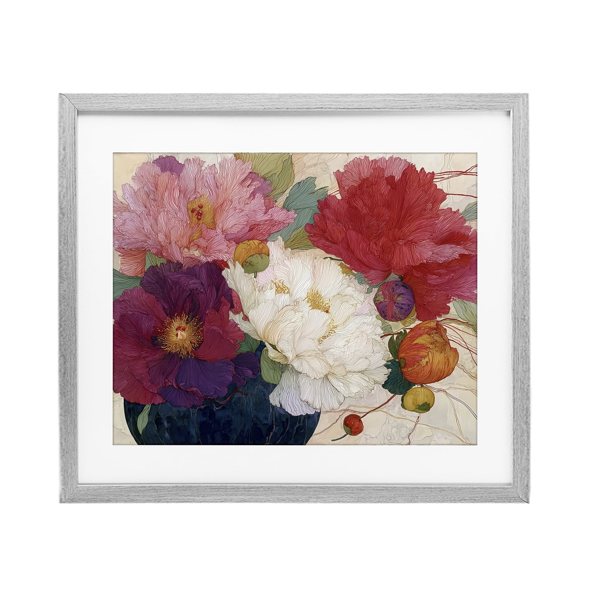 Haiku Ornate Flower Petals Gray Framed Print Under Glass, design by ...