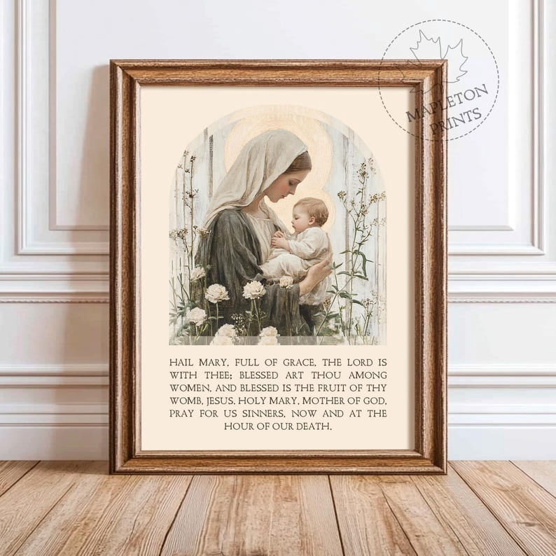 Hail Mary Prayer Madonna and Child Poster - Catholic Virgin Mary Wall ...
