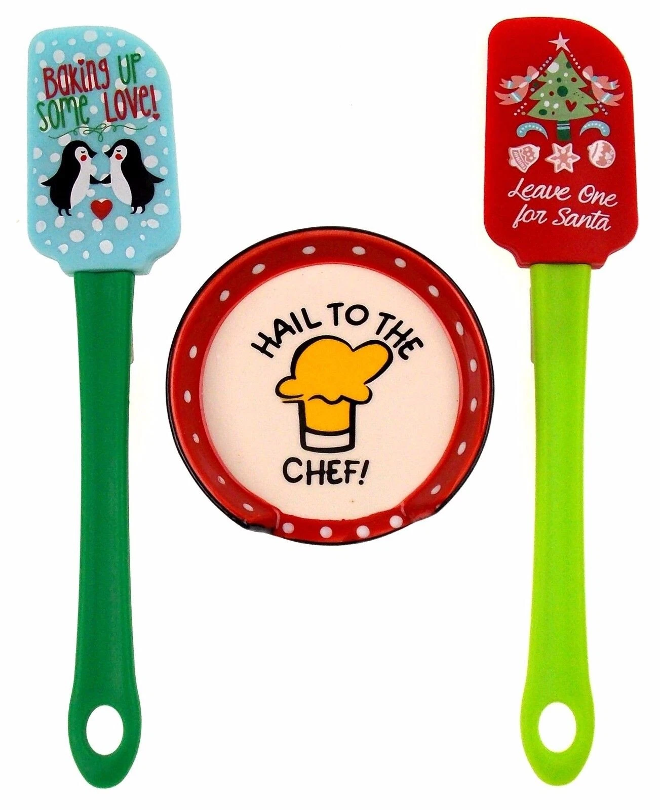 Hail To The Chef Spoon Rest Christmas Tree Penguin Spatulas Set 3 Santa ...