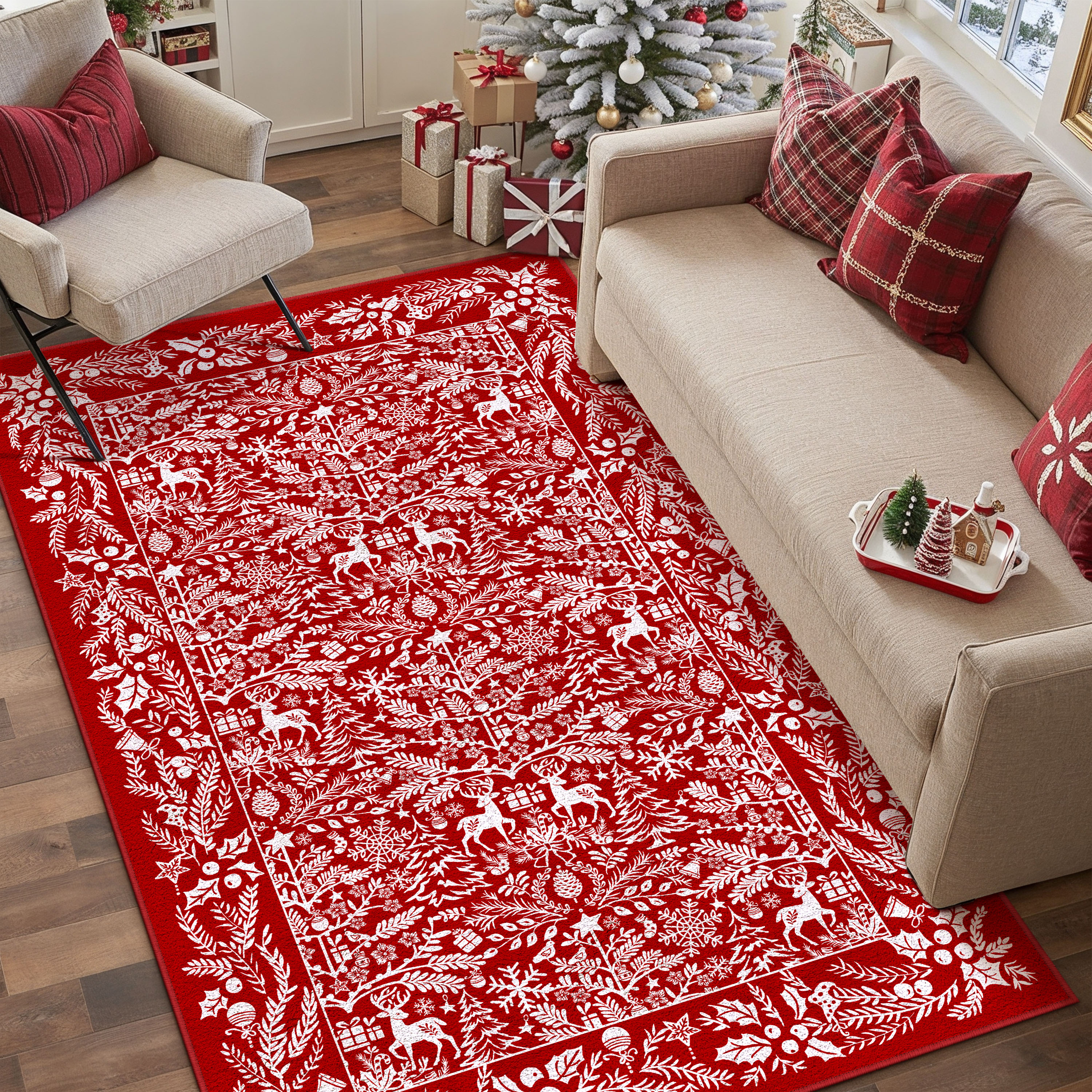 BERTHMEER Christmas Area Rug 4'x6' Red Washable Rugs for Living Room ...