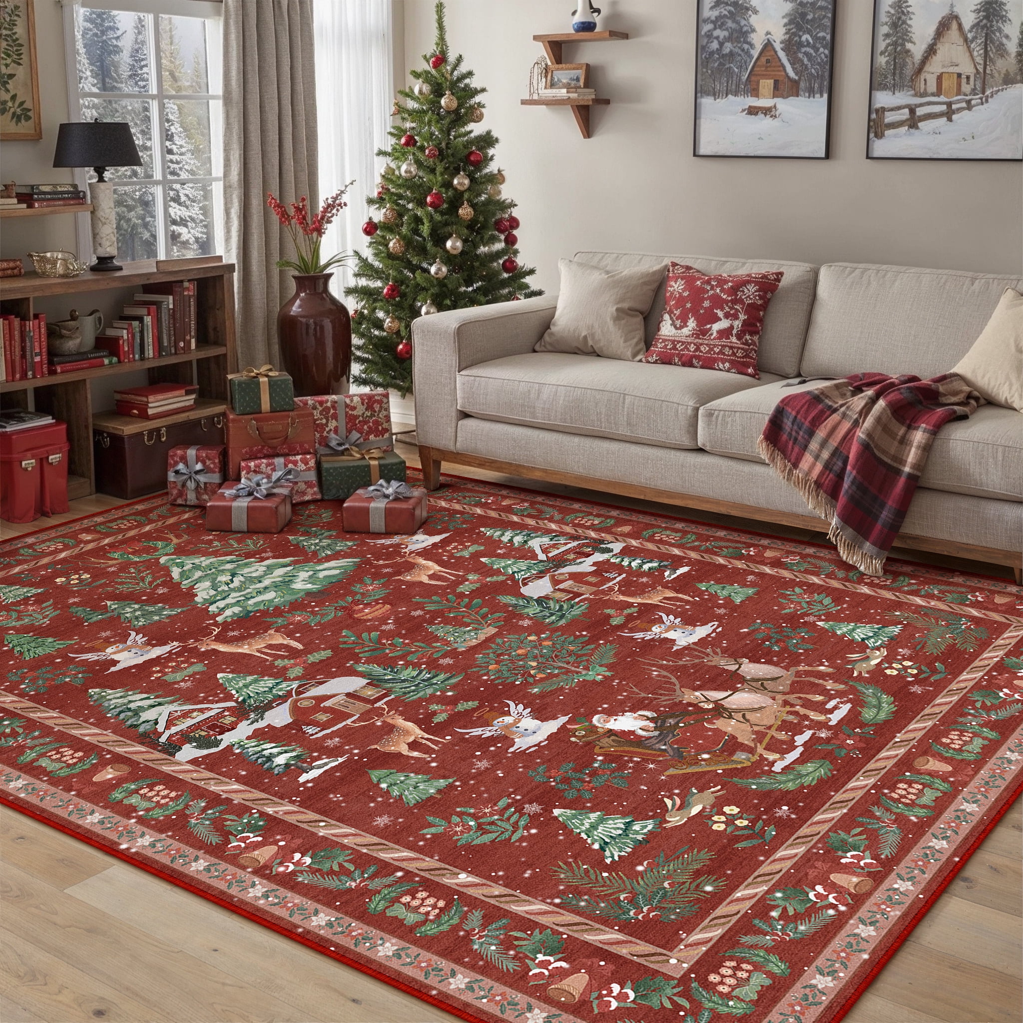 BERTHMEER Christmas Area Rug 4'x6' Red Washable Rugs for Living Room ...
