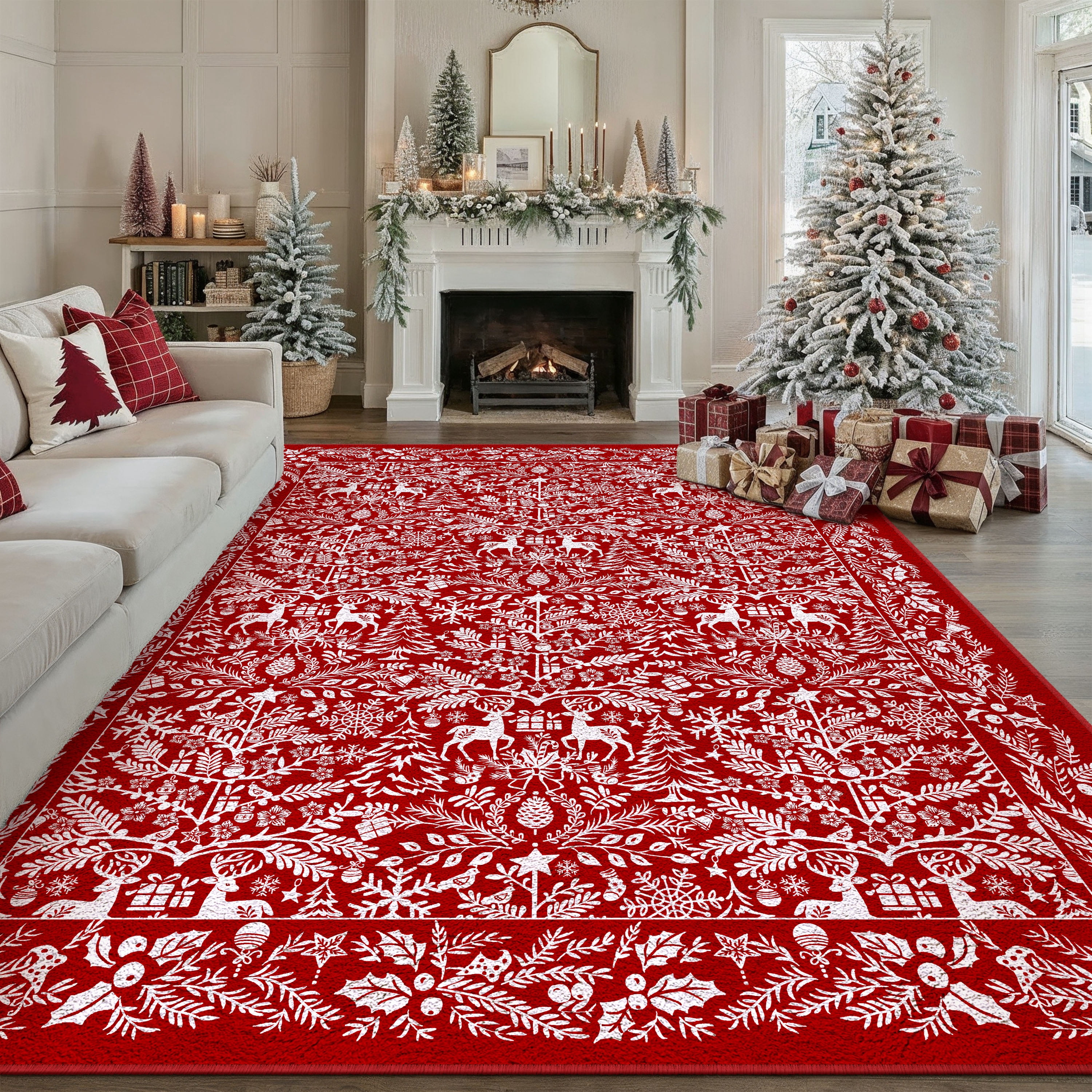 BERTHMEER Christmas Area Rug 8'x10' Red Washable Rugs for Living Room ...