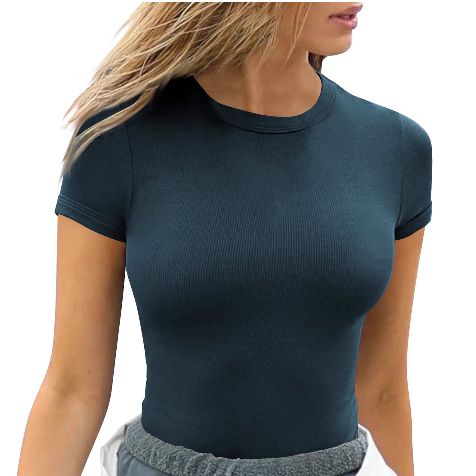 HAiming Womens Ribbed Knit Shirts Summer Round-Neck Short Sleeve Casual ...