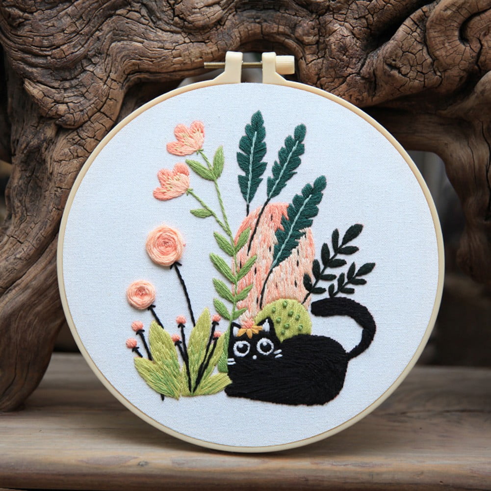 Haimni Cute Cat Embroidery Kit For Beginner Animal Printed Pattern ...