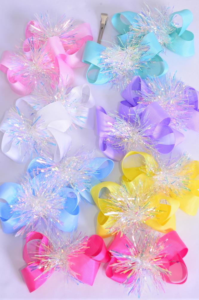 Hair Bow 24 pcs Pom Pom Iridescent Grosgrain Bow-tie Pastel/DZ-Assorted ...