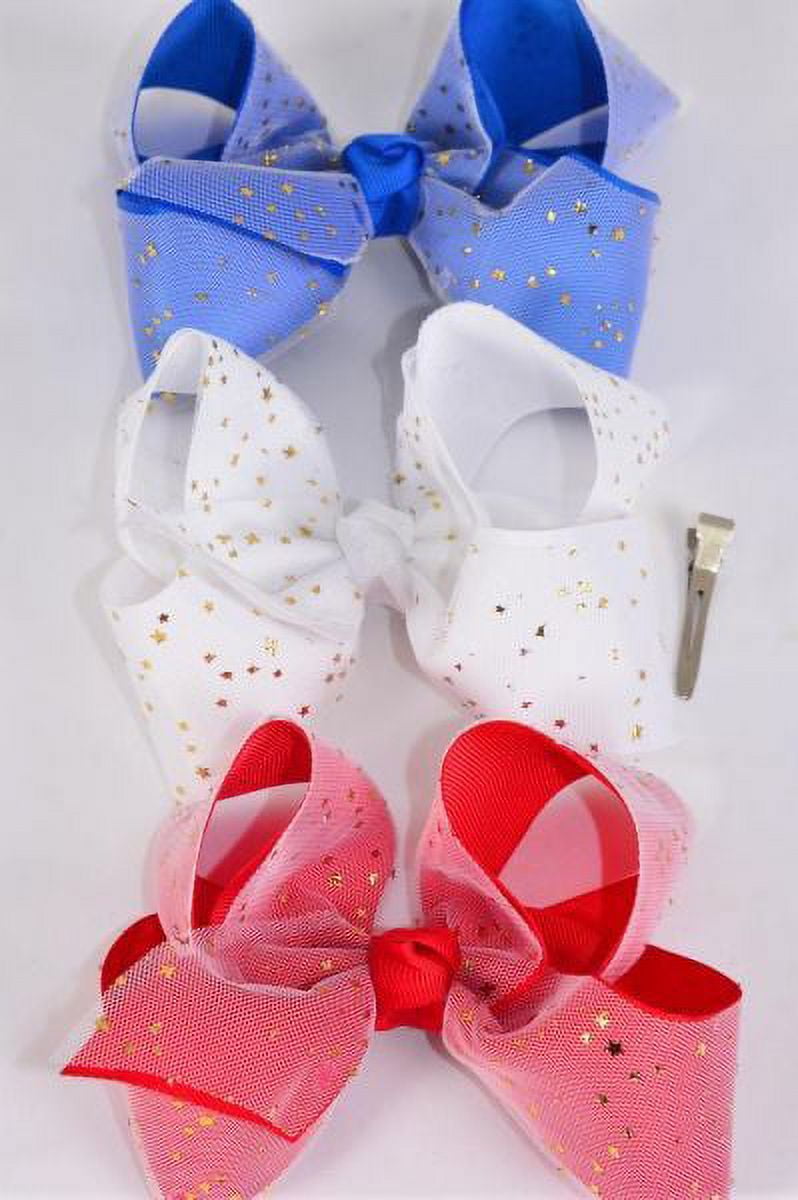 Hair Bow Jumbo Double Layered Patriatic Stars Red & White & Royal Blue ...