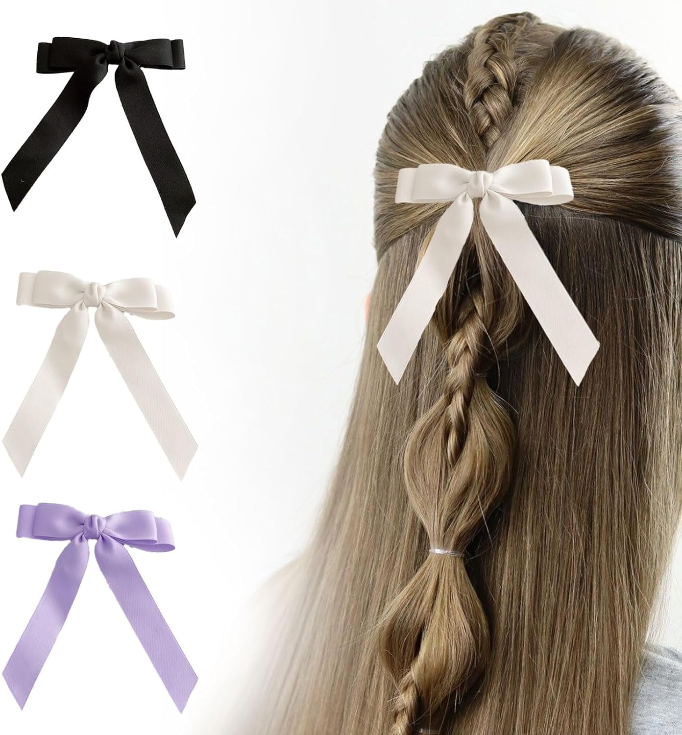 Hair Bows Set 3PCS Women's Bow Clips with Long Silky Smooth Ribbon ...
