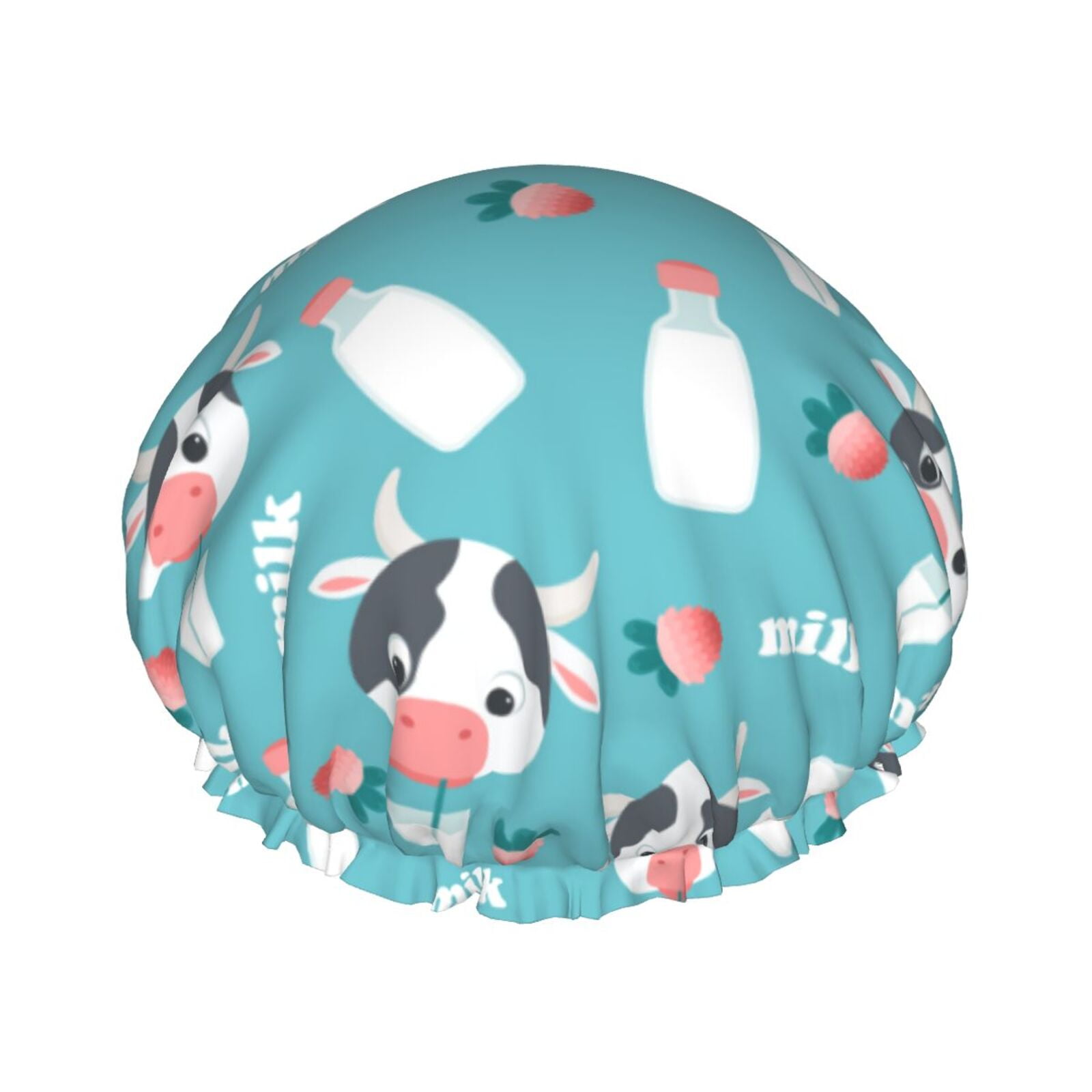 Hair Cap for Shower - Peppy Cute Cow Strawberry Milk Large Shower Cap ...