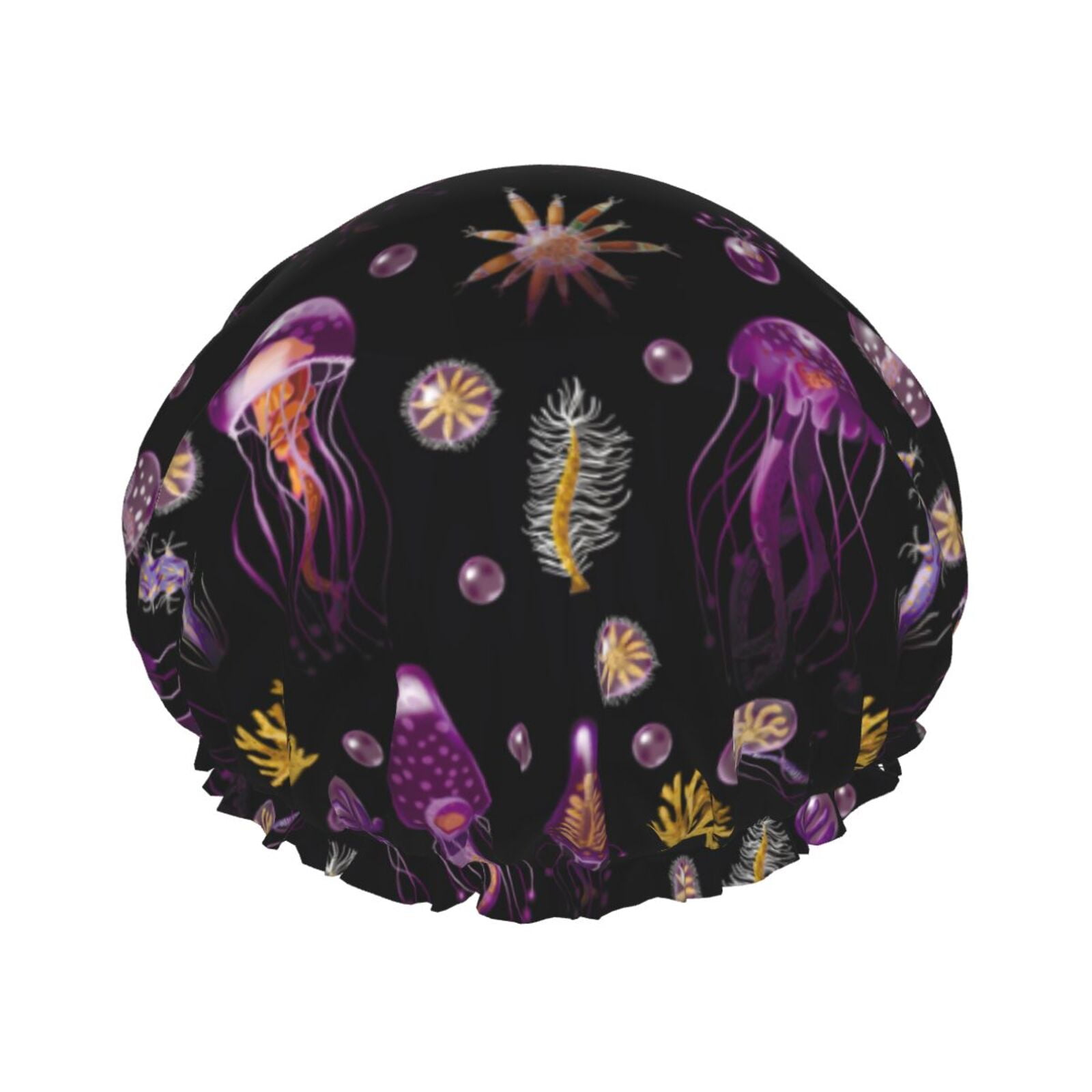 Hair Cap for Shower - Yellow Coral Purple Jellyfish Large Shower Cap ...