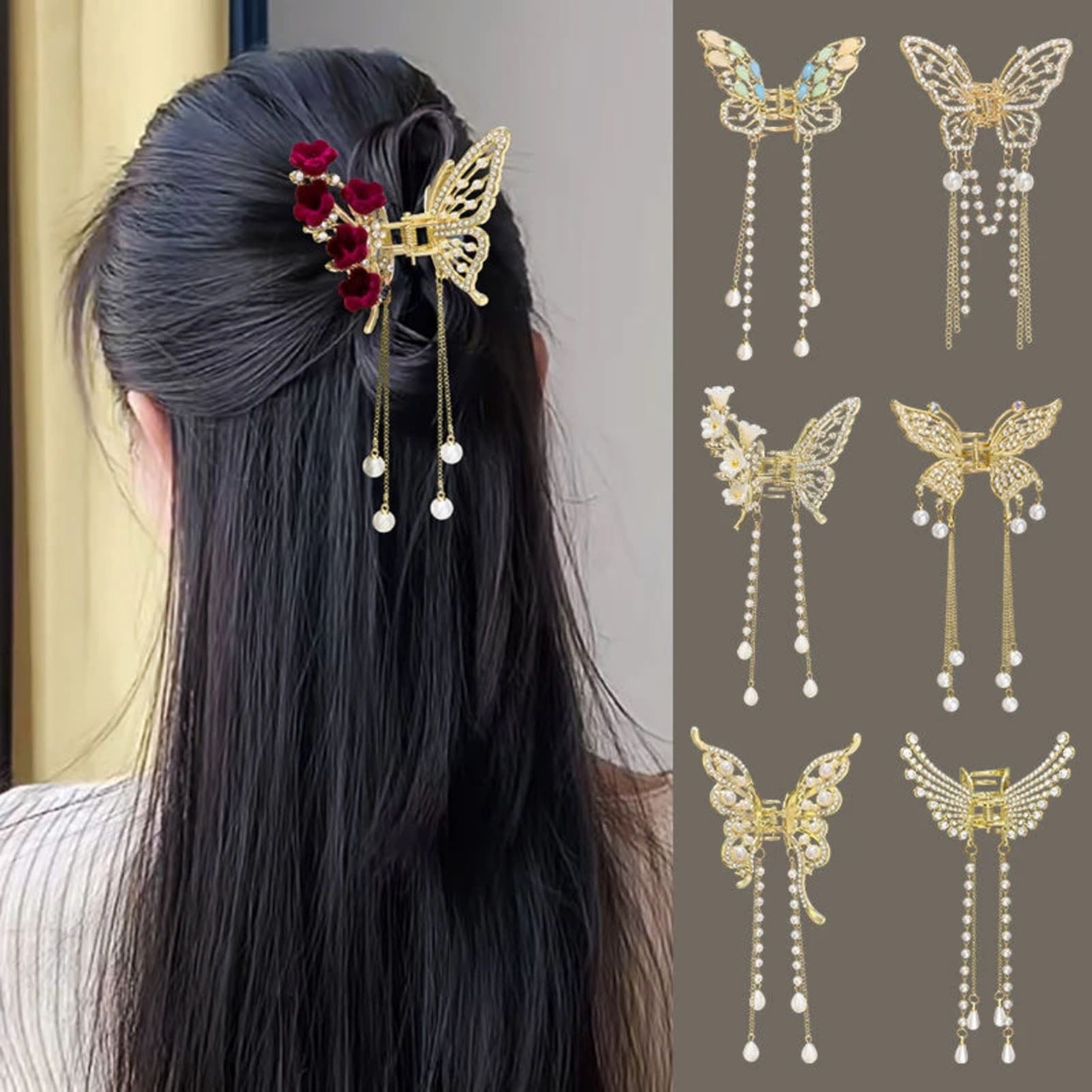Hair Claw Long Fringe Faux Pearls Butterflies Decor Hair Clips Women ...