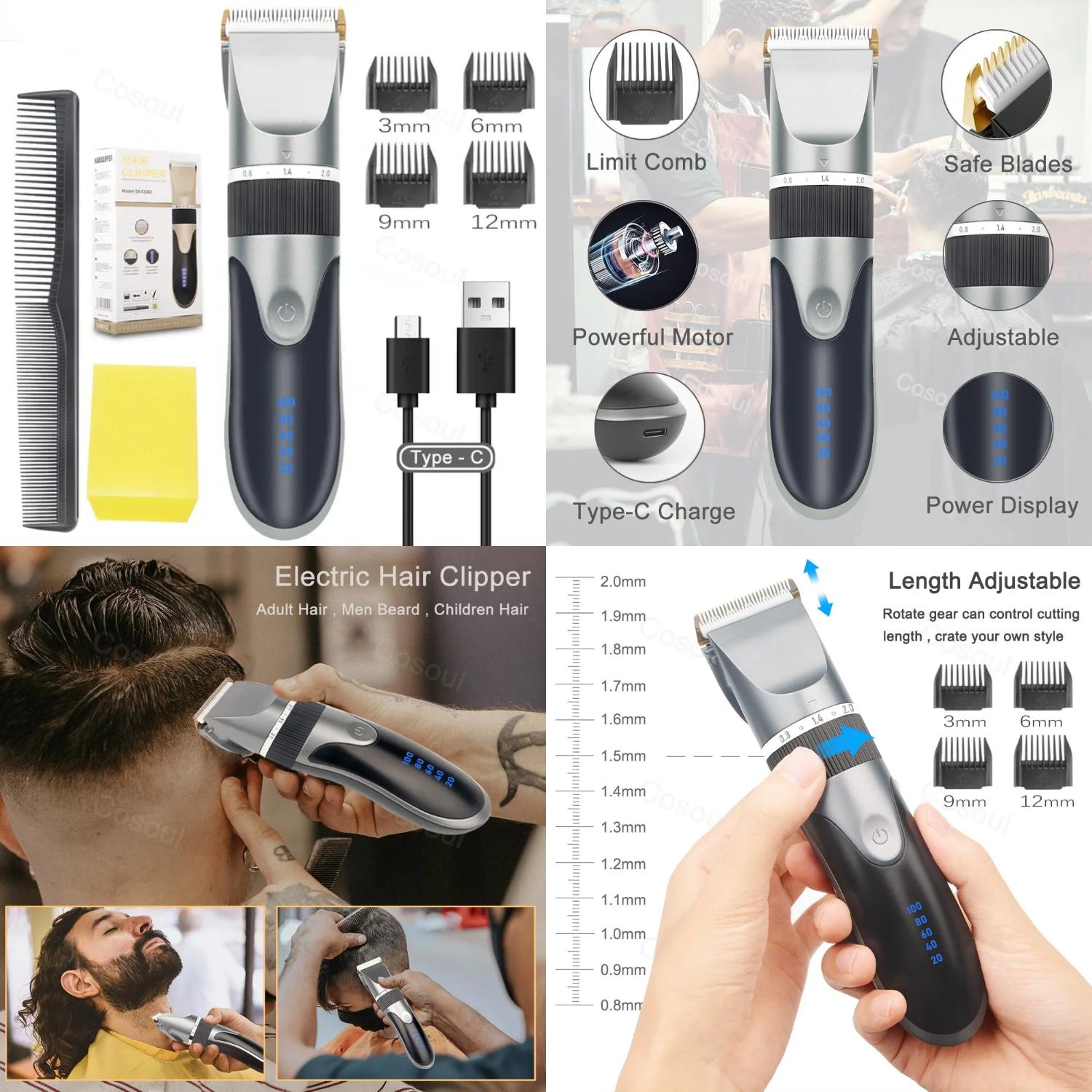 Hair Clipper Barber Hair Trimmers For Men Adults Cordless Rechargeable ...