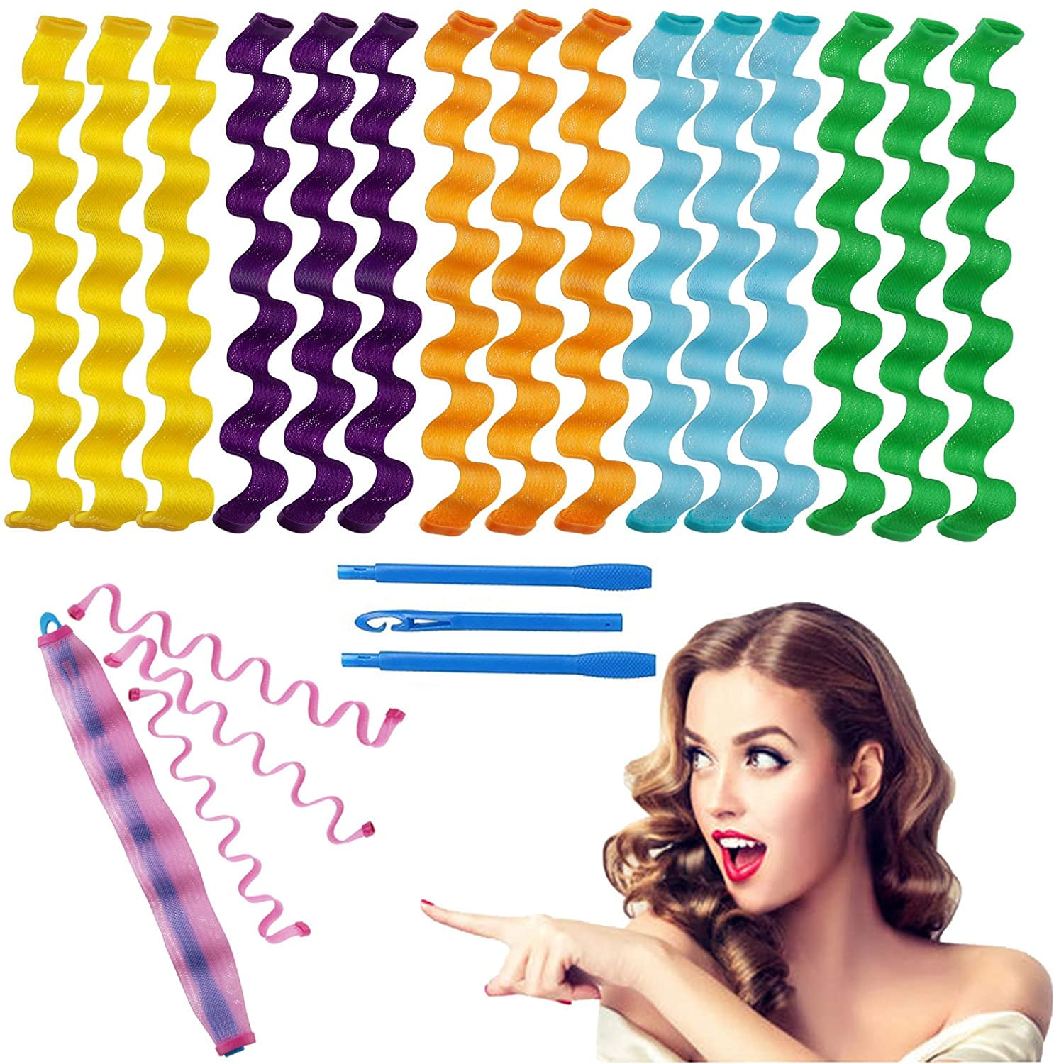 MSDADA Hair Curlers Styling Kit 30pcs Wave Shape Curlers Heatless Hair ...