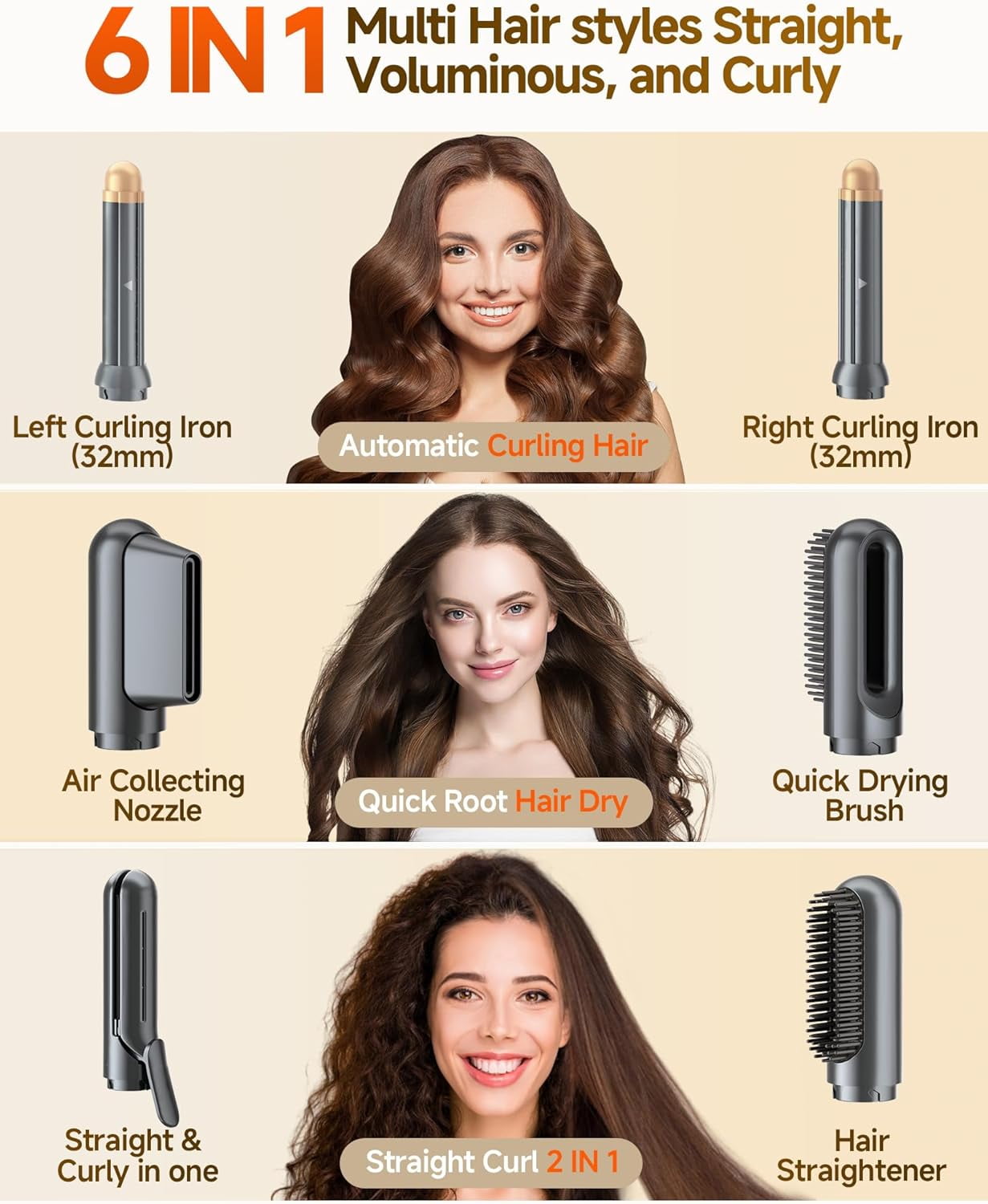 Hair Dryer Brush 6-in-1 Straightener,Hair Auto-Wrap Curlers, Professional 110,000 RPM Magic ...