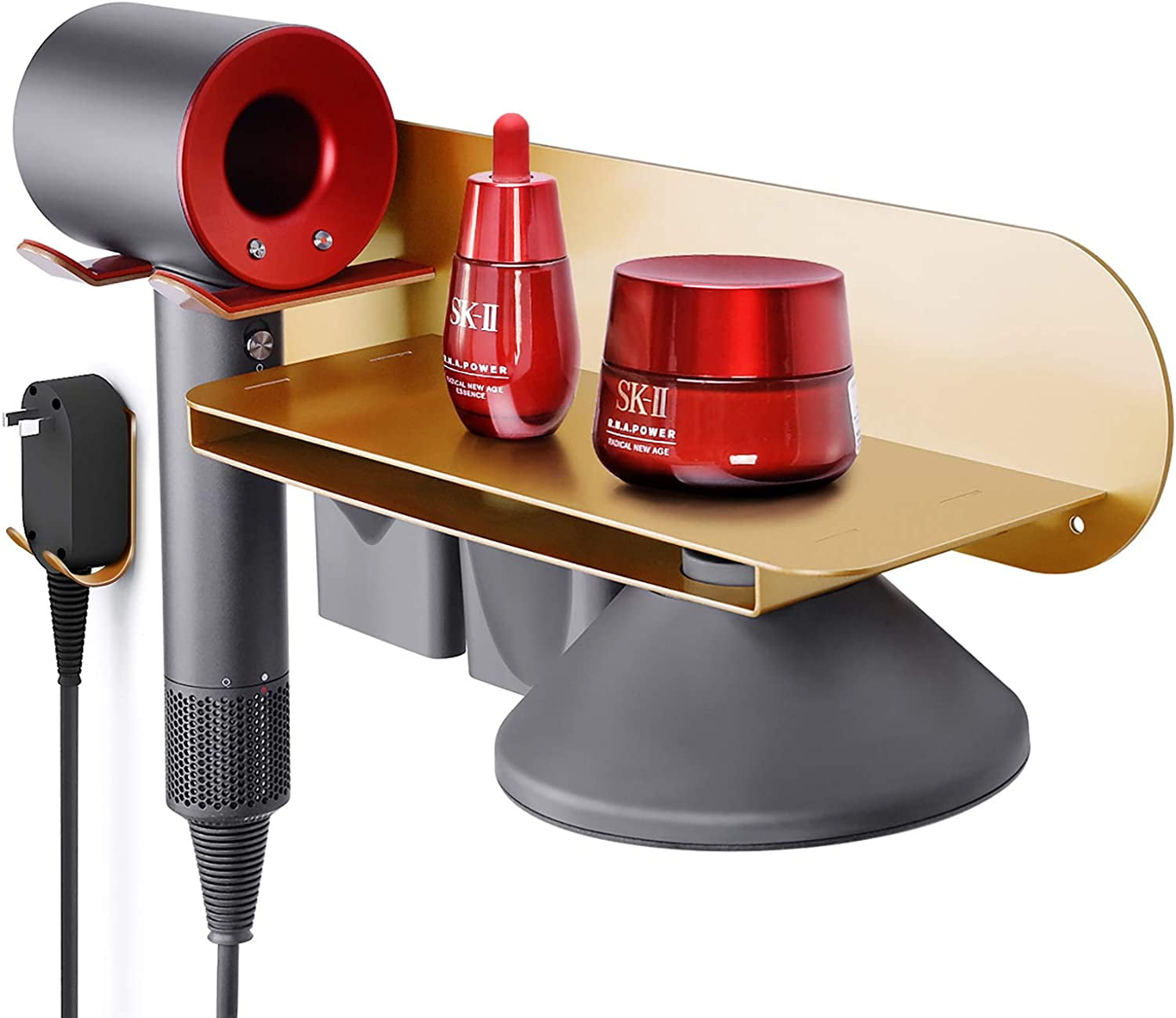 Hair Dryer Holder Wall Mounted with Shelf, Gold Wall Mount Hair Dryer ...
