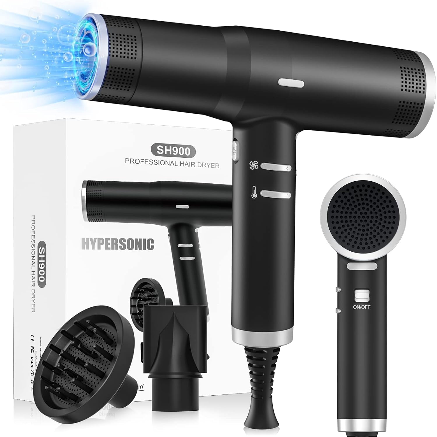 Hair Dryer, Ionic Blow Dryer with Diffuser, 1800W Hair Blow Dryer High ...