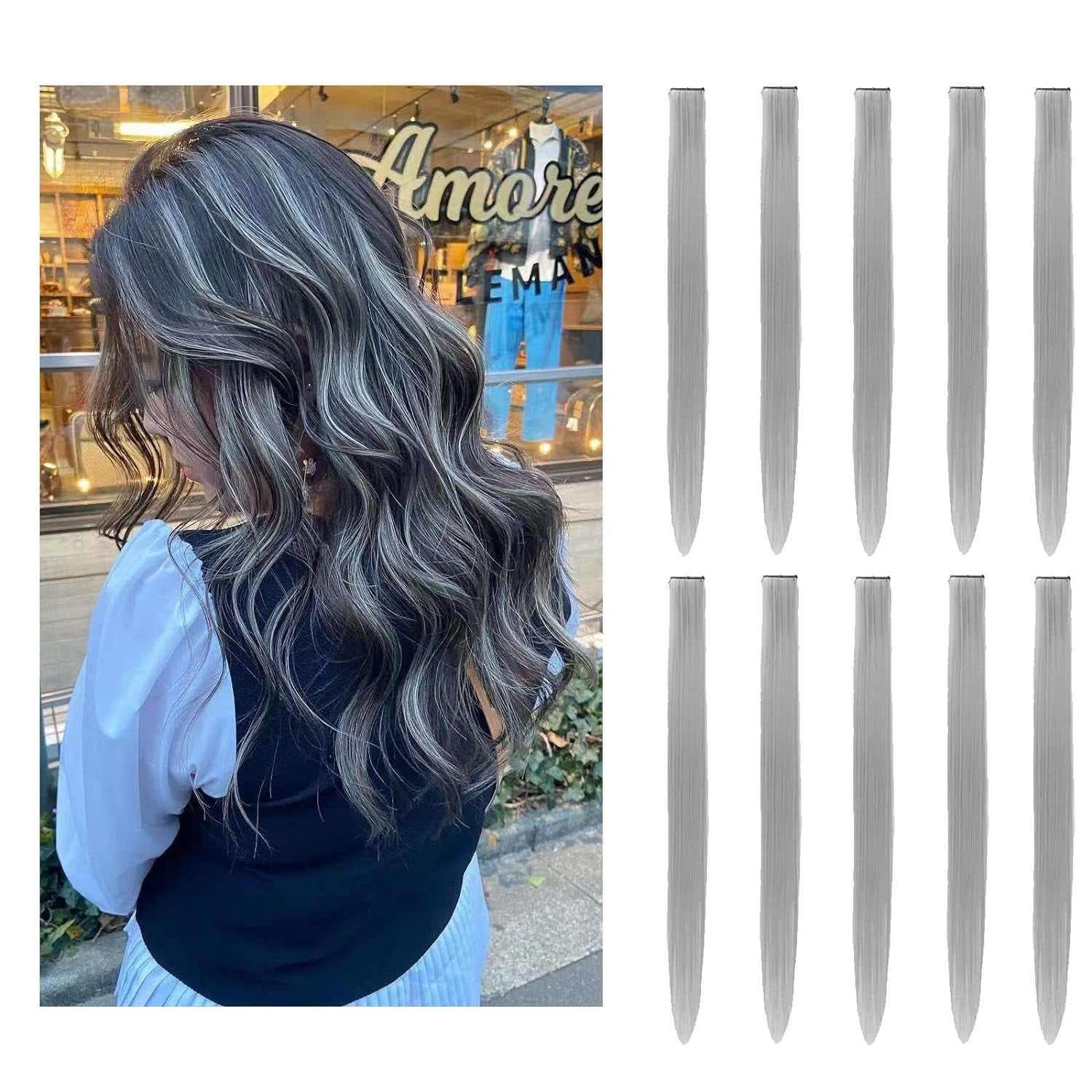 Hair Extension Clips 10pcs in Grey 20 Inch Straight Hair Synthetic ...