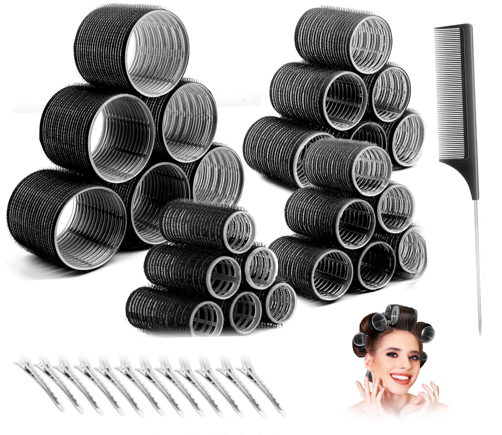 Hair Roller Set 37 pcs,Jumbo Hair Curlers Rollers With Clips,Black ...