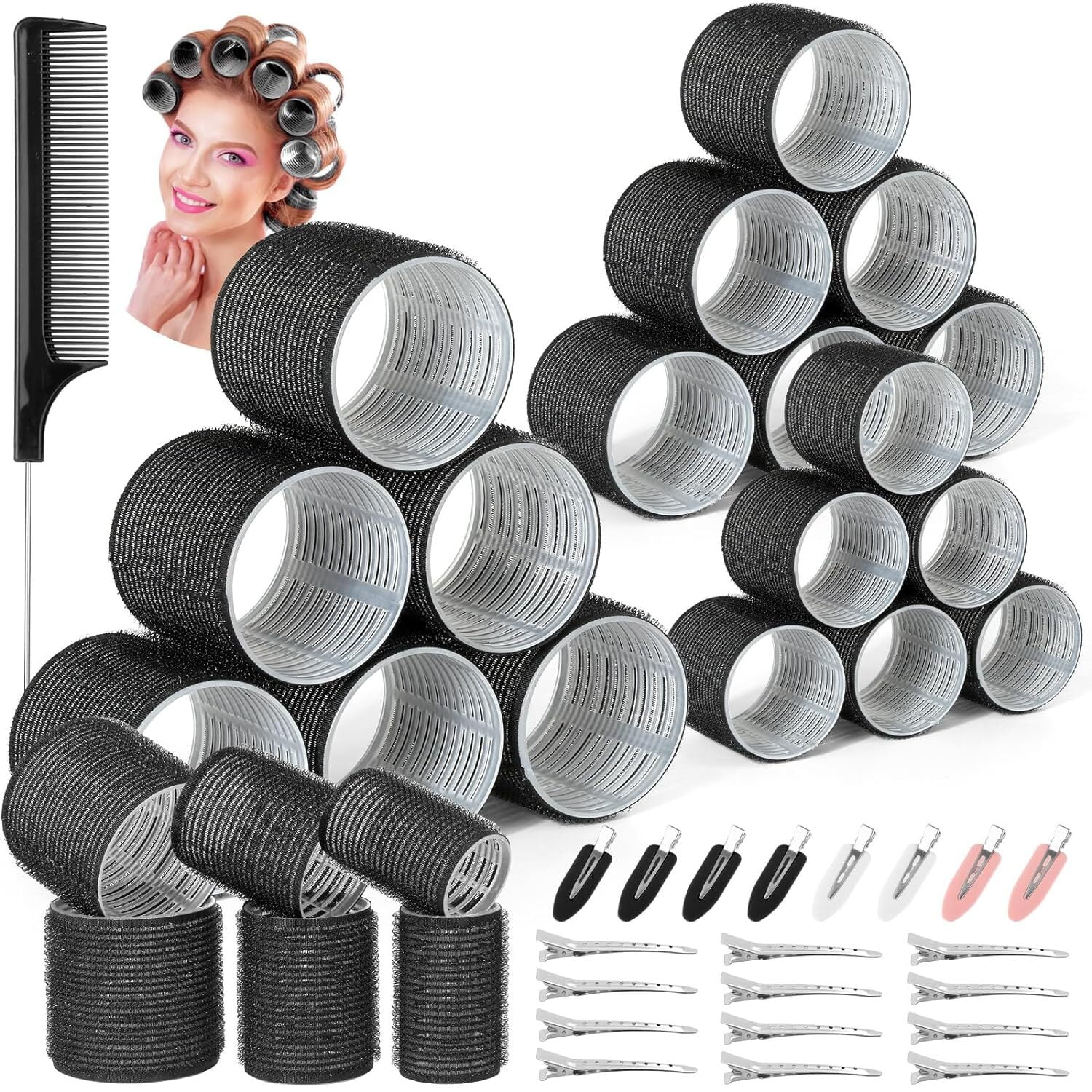 Hair Rollers,Self Grip Hair Rollers 45 Pcs with 24Pcs Hair Rollers 4 ...