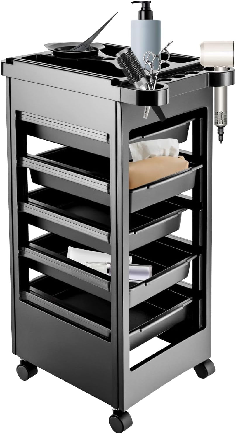 Hair Storage Tool Cart, 5-Tier Trolley Cart with Wheels, Barber Station ...