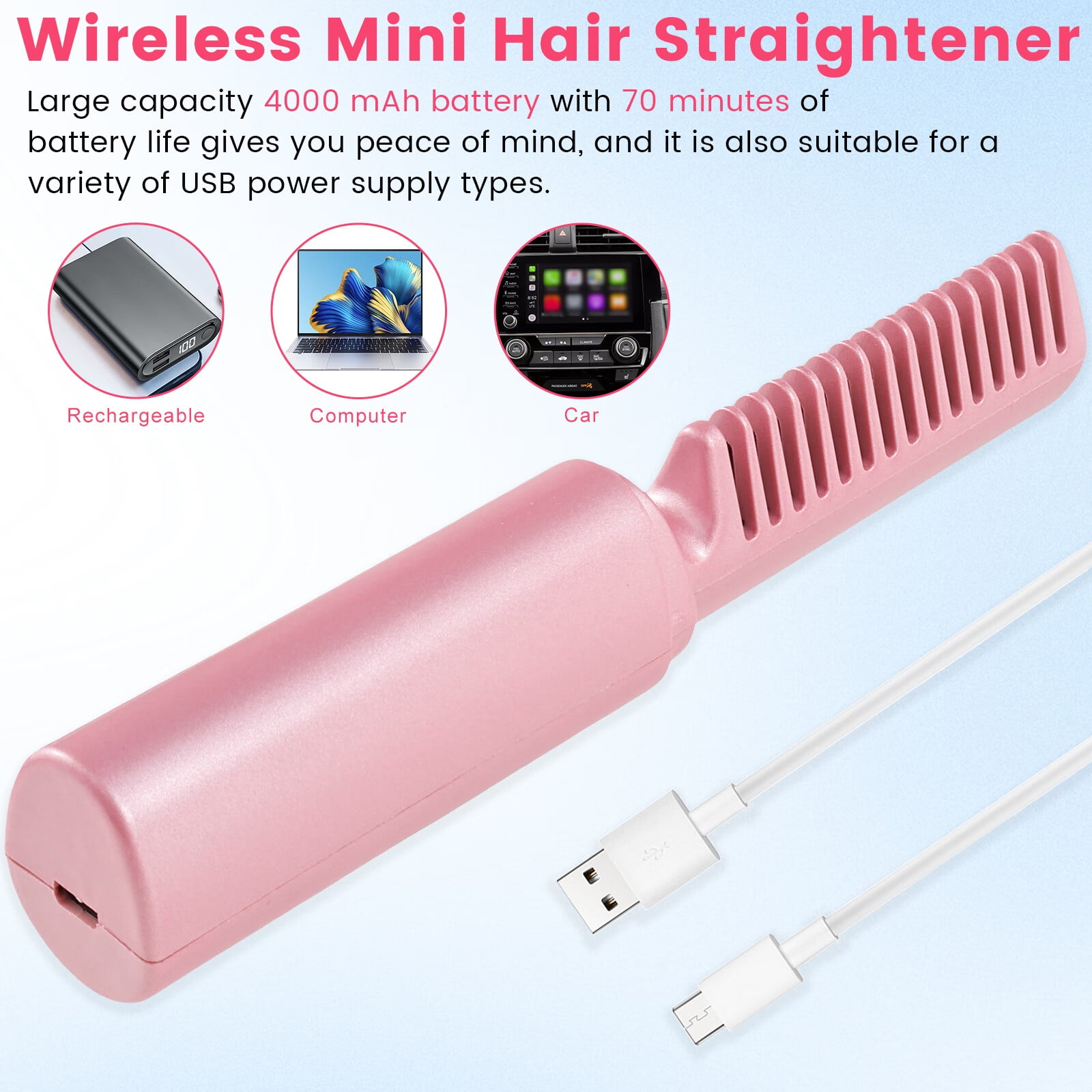 Hair Straightener Comb with Display 4000mAh Rechargeable Electric ...