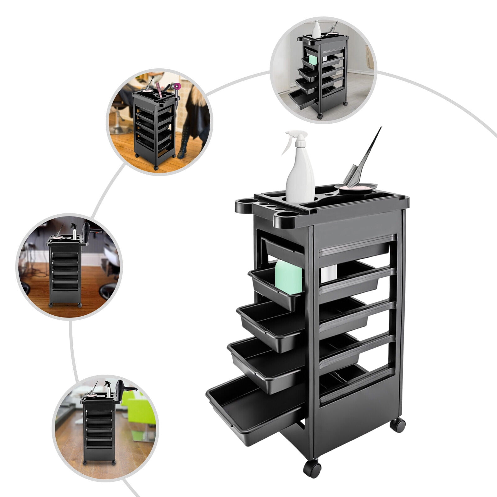 Salon Trolley Cart, 5 Drawers, Flexible Rolling Organizer, Black ...