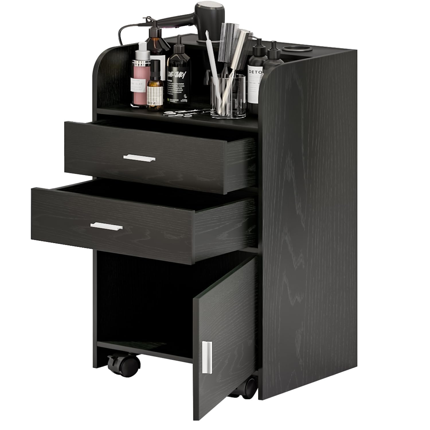 Hair Stylist Salon Station with Wheels, Black Rolling Beauty Cabinet, 2 ...